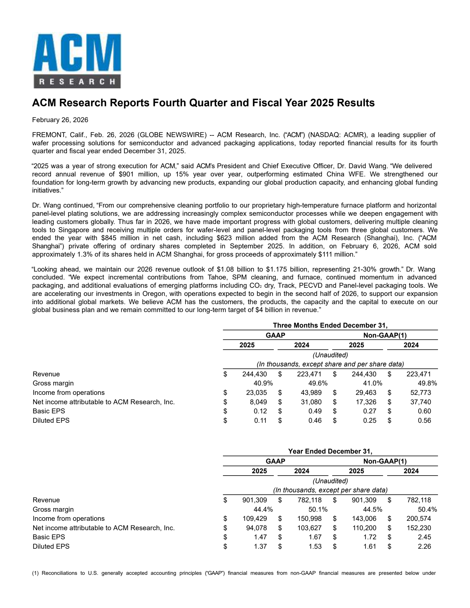 ACMR Q4 2025 Earnings Report on 2/26/2026
