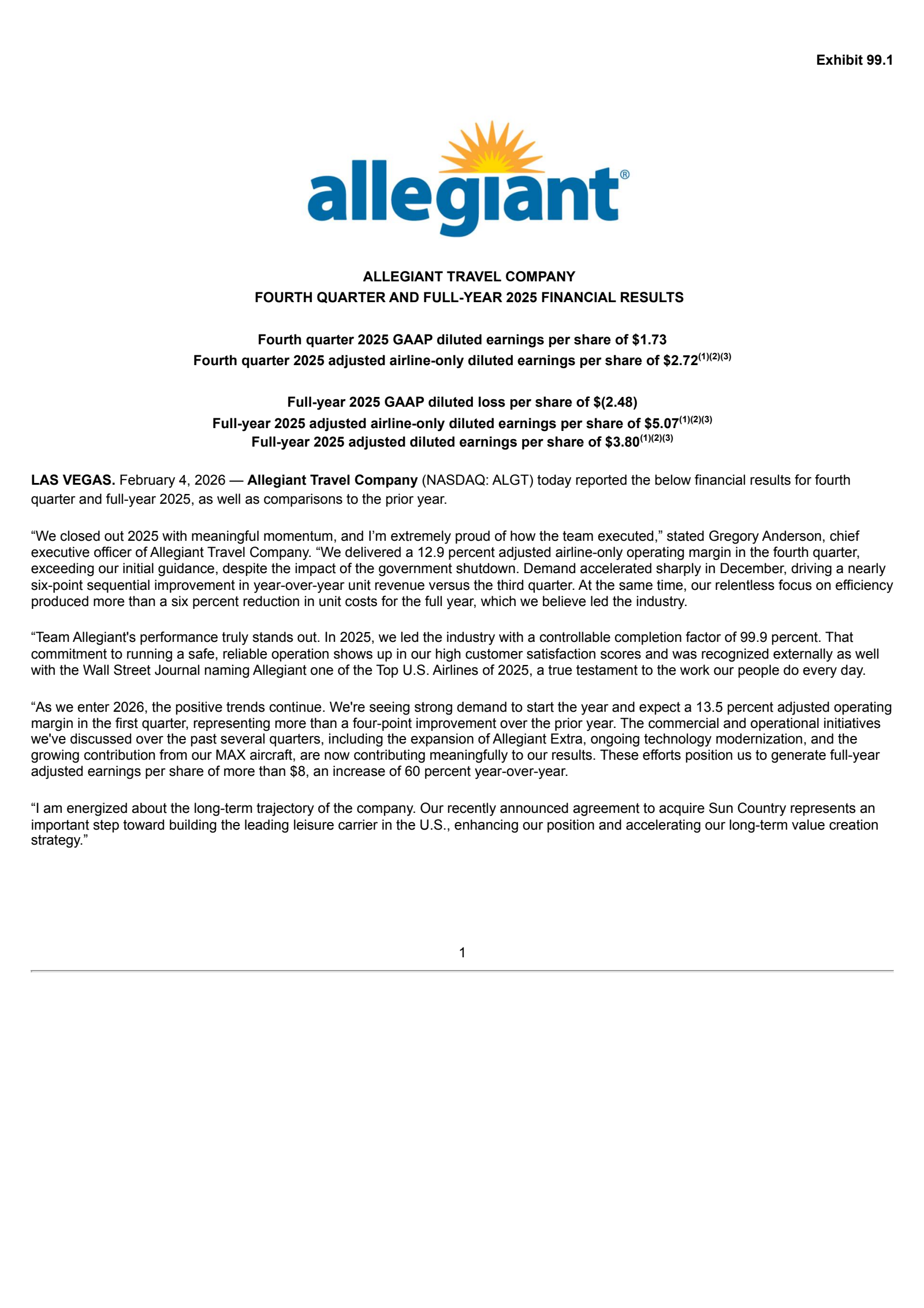 ALGT Q4 2025 Earnings Report on 2/4/2026