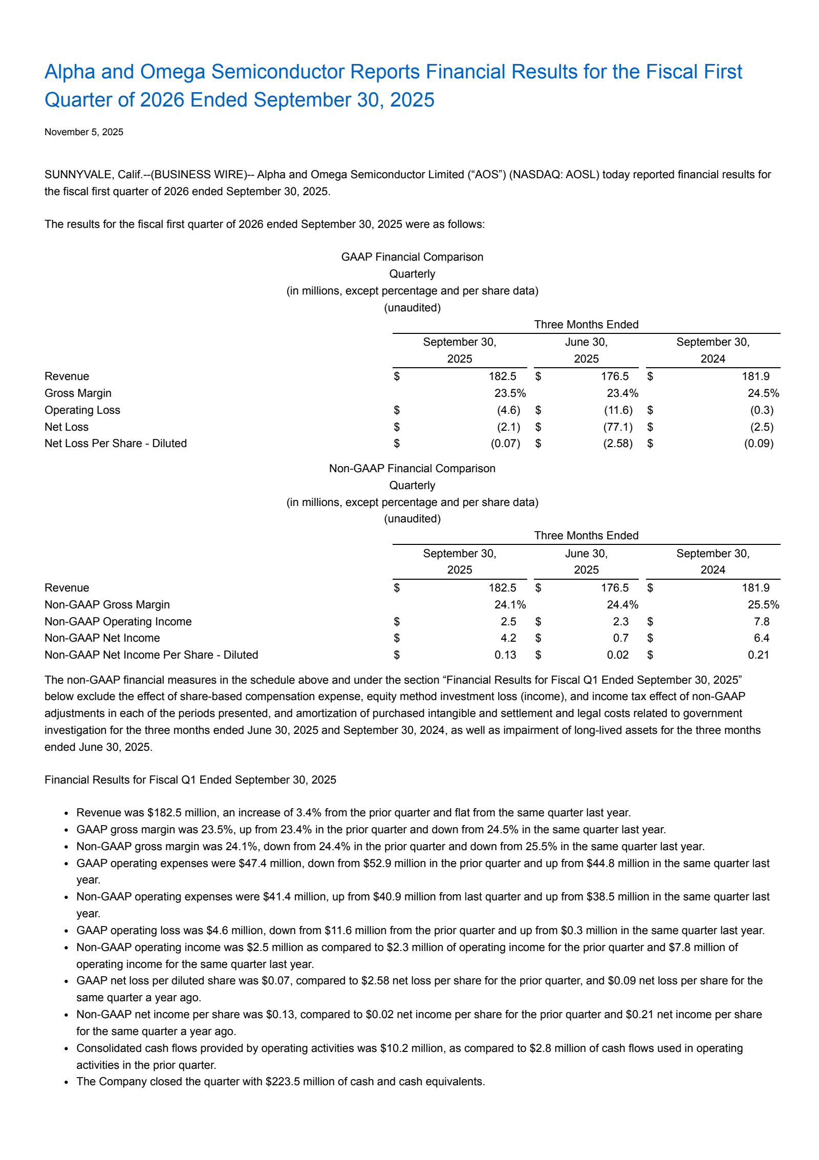 AOSL Q1 2026 Earnings Report on 11/5/2025