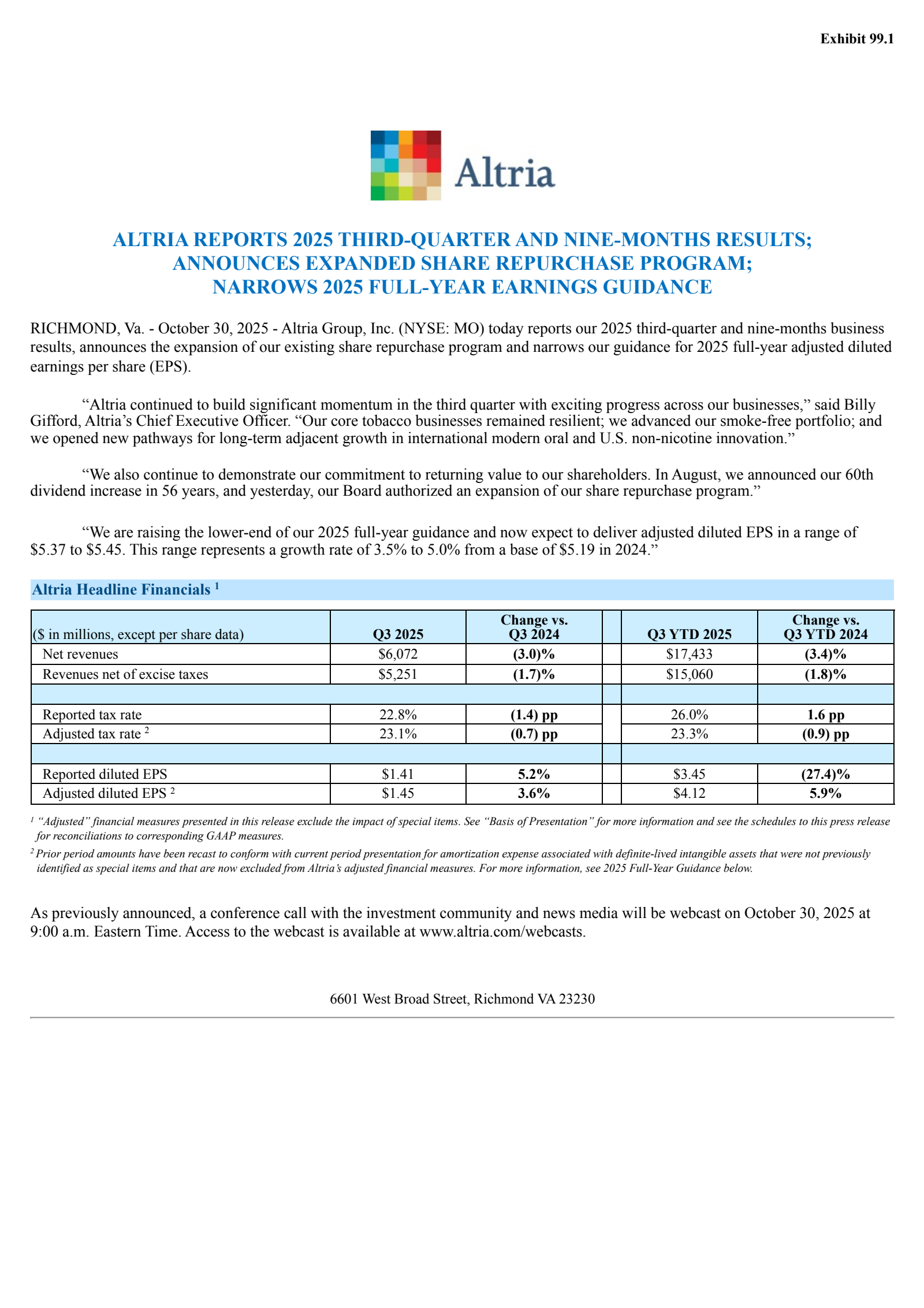 MO Q3 2025 Earnings Report on 10/30/2025