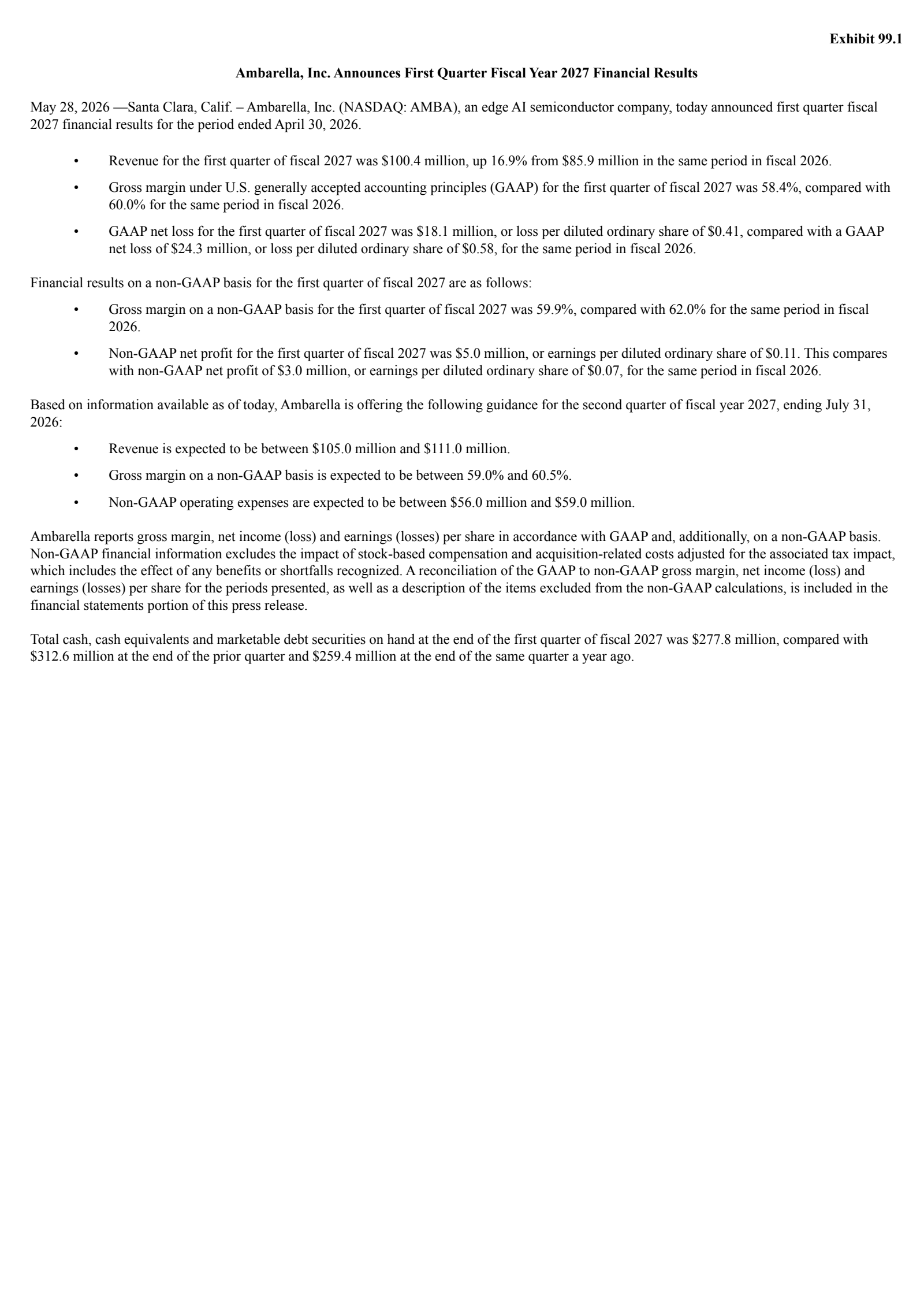 AMBA Q1 2027 Earnings Report on 5/28/2026