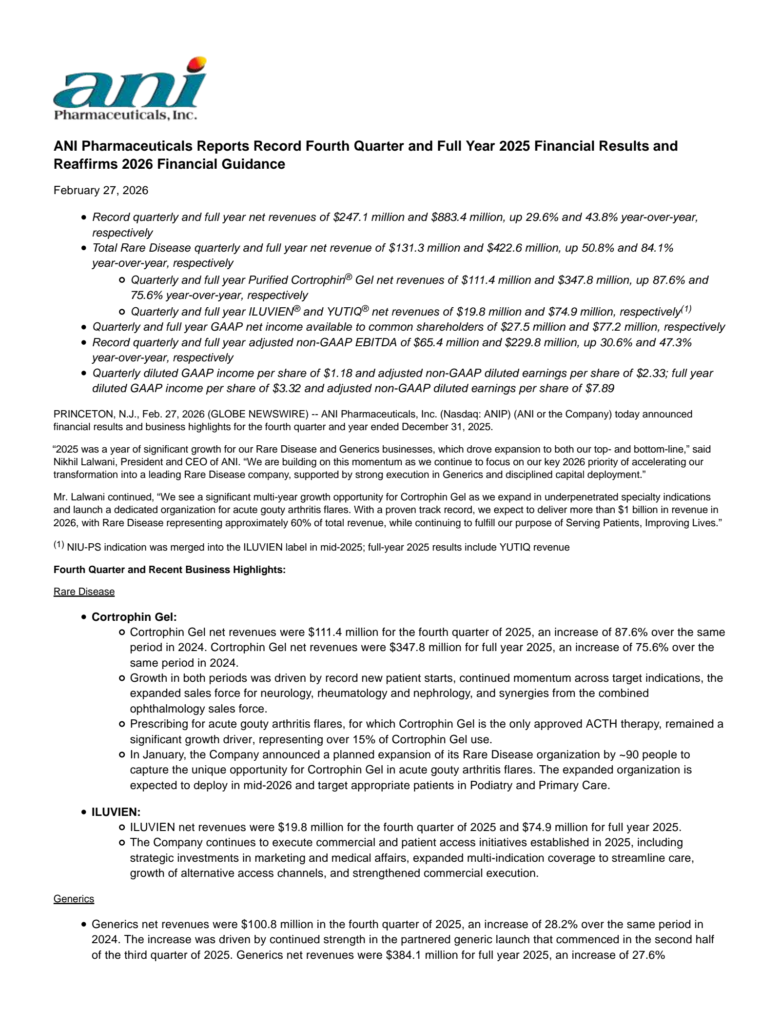 ANIP Q4 2025 Earnings Report on 2/27/2026