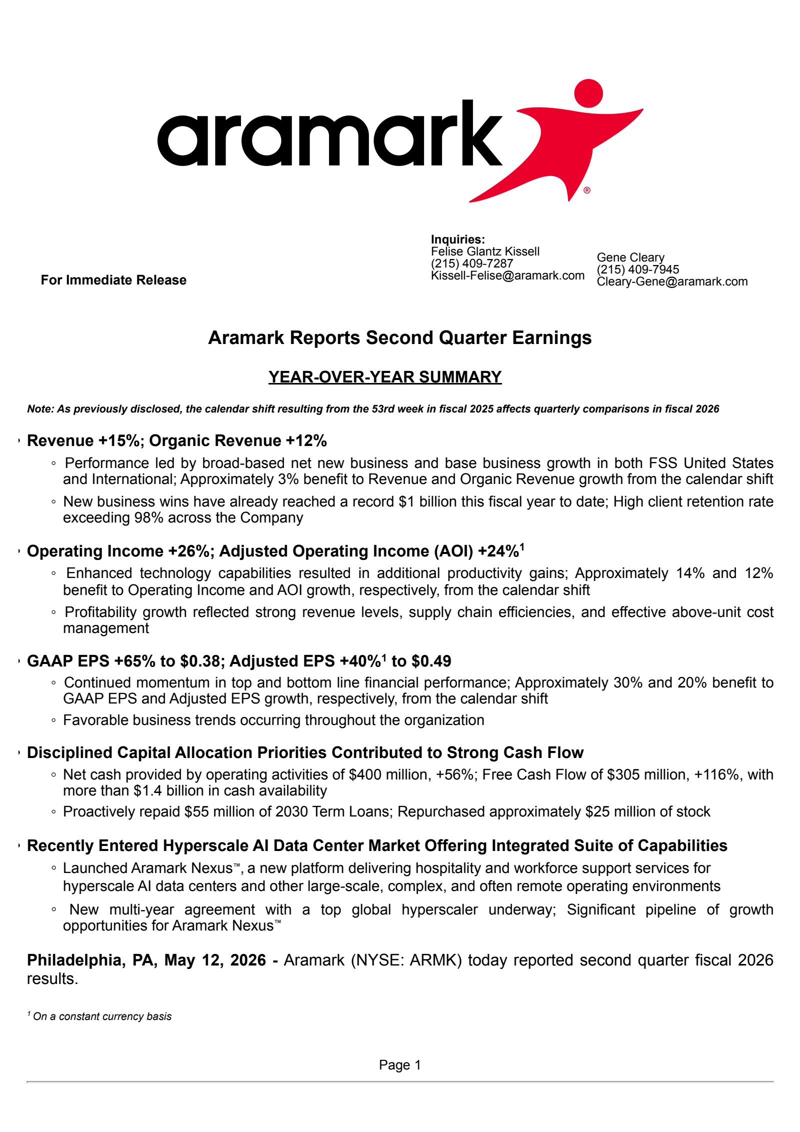ARMK Q2 2026 Earnings Report on 5/12/2026