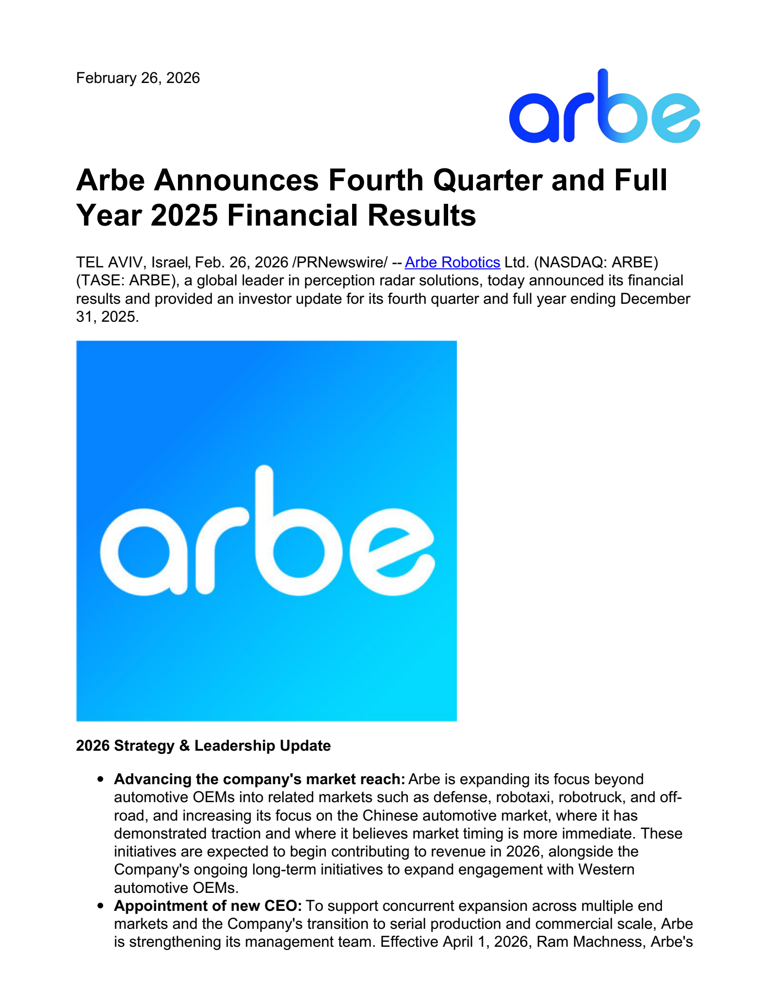 ARBE Q4 2025 Earnings Report on 2/26/2026