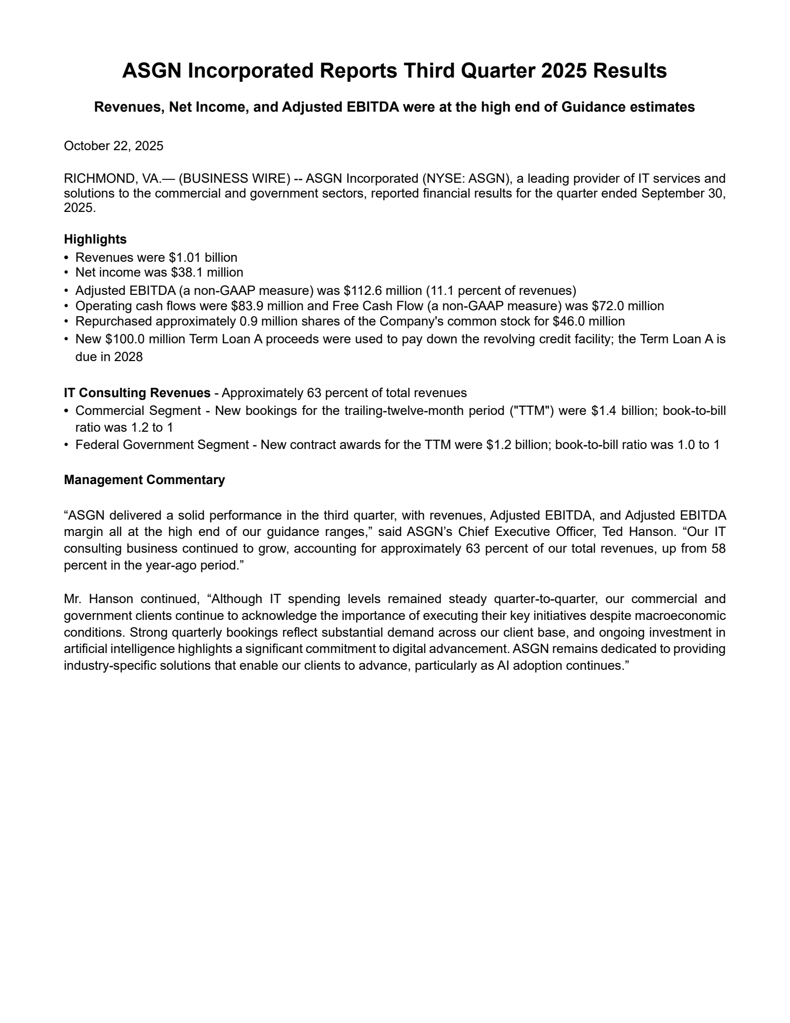 ASGN Q3 2025 Earnings Report on 10/22/2025