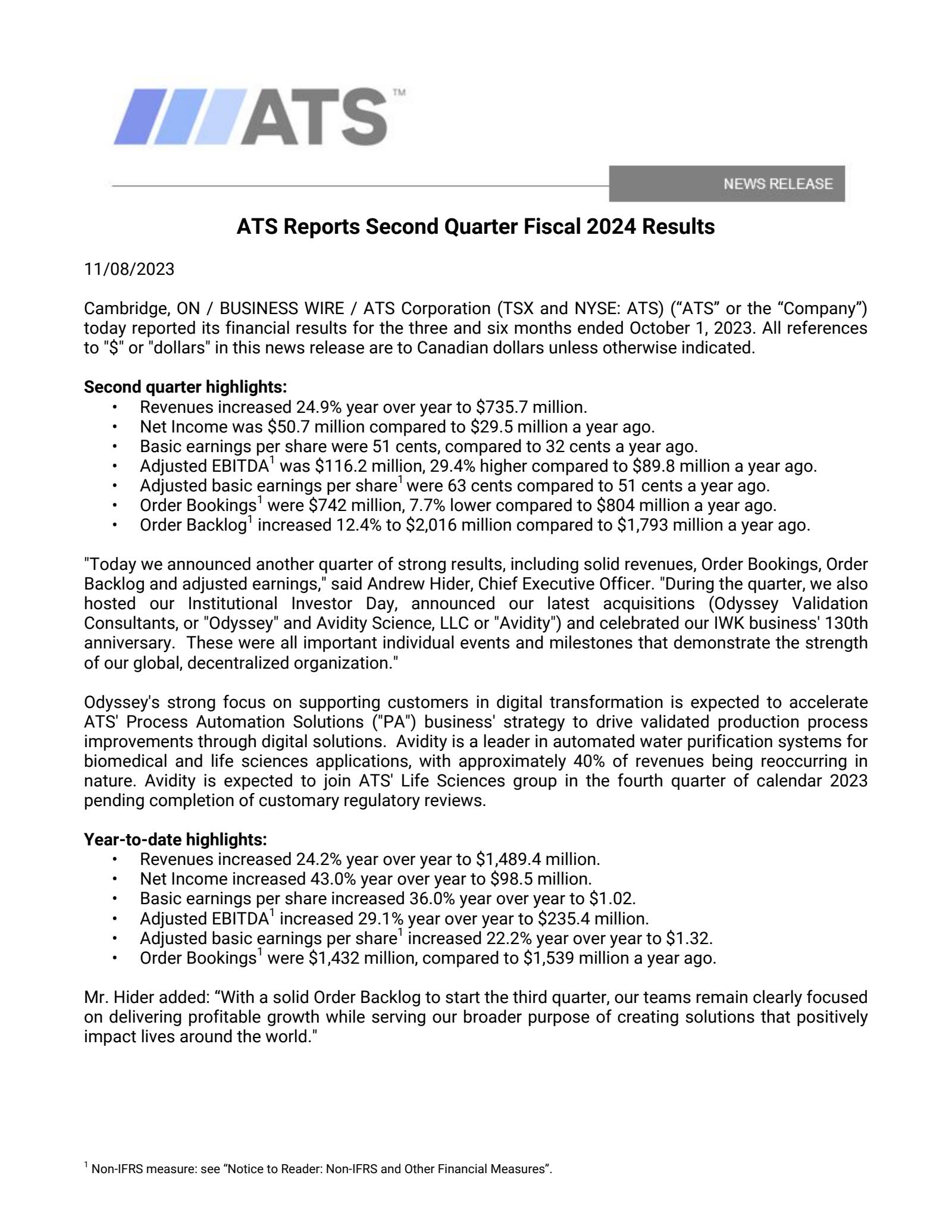 ATS Q2 2024 Earnings Report on 11/8/2023