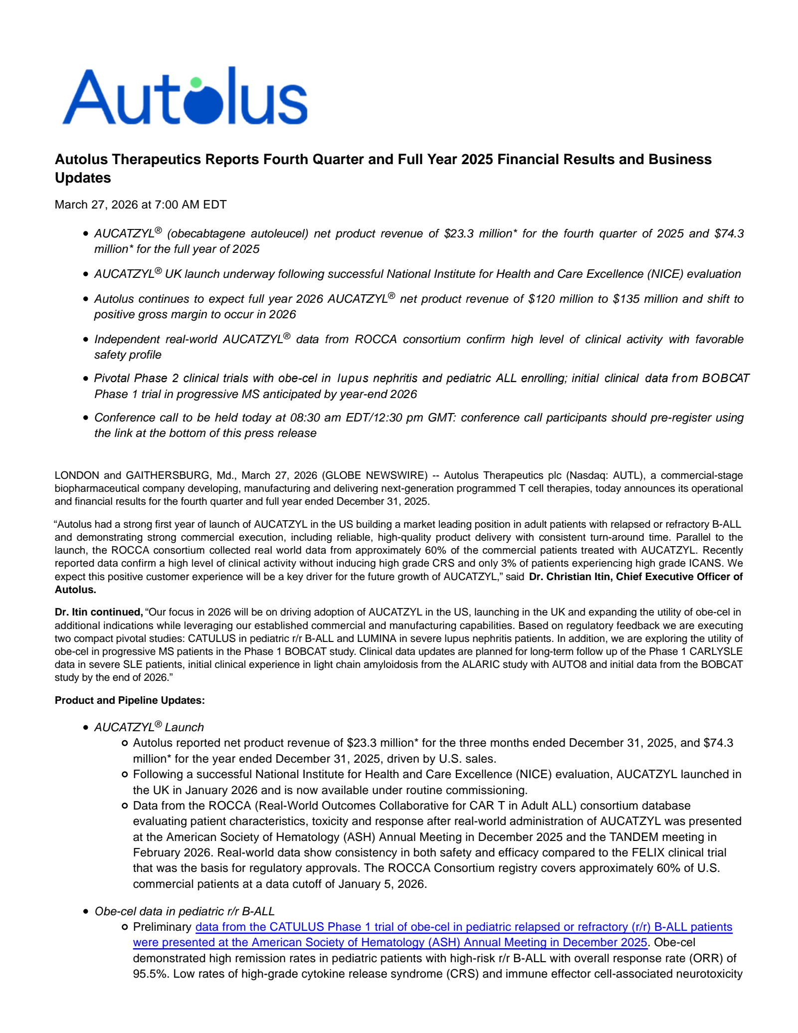 AUTL Q4 2025 Earnings Report on 3/27/2026
