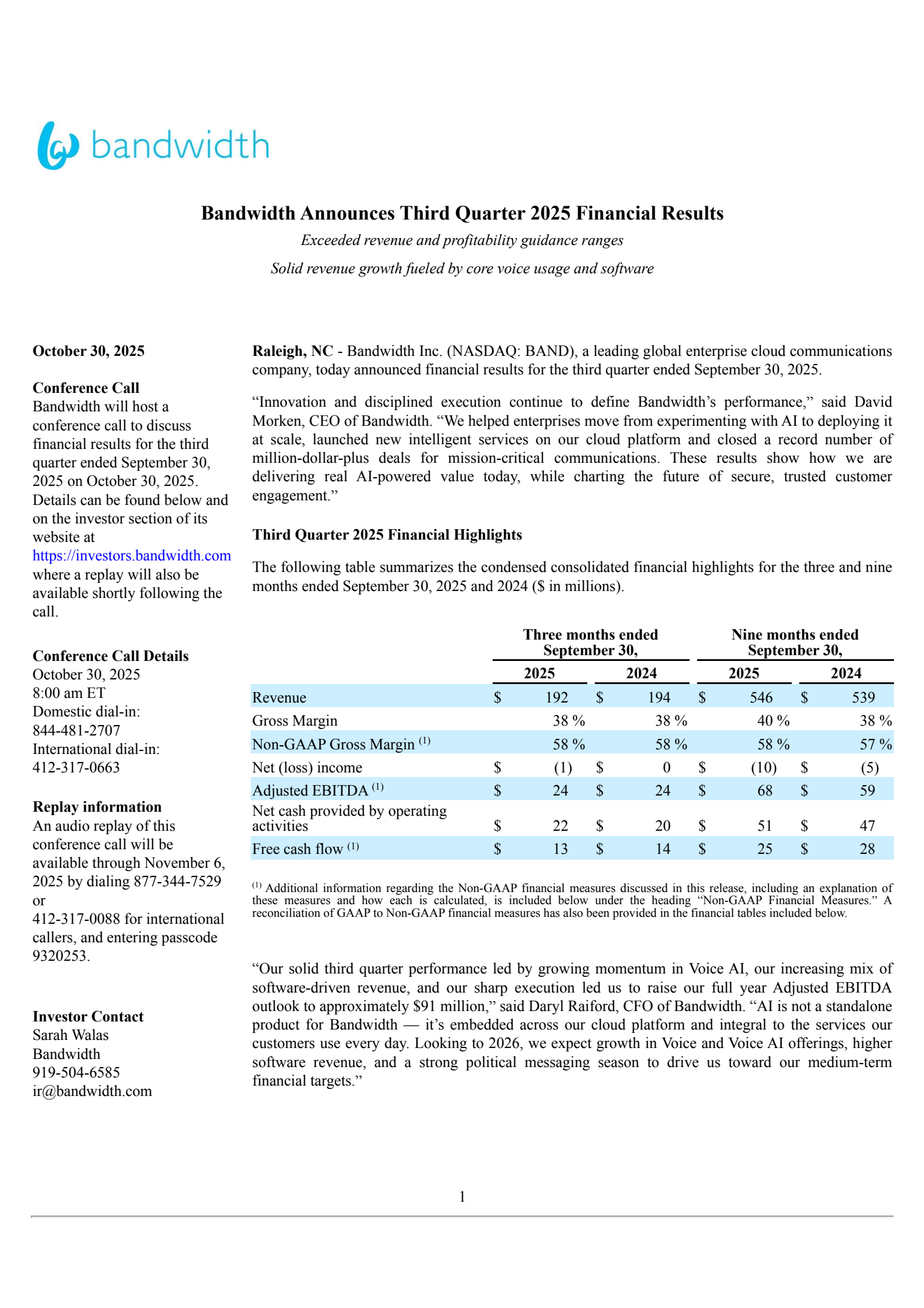 BAND Q3 2025 Earnings Report on 10/30/2025