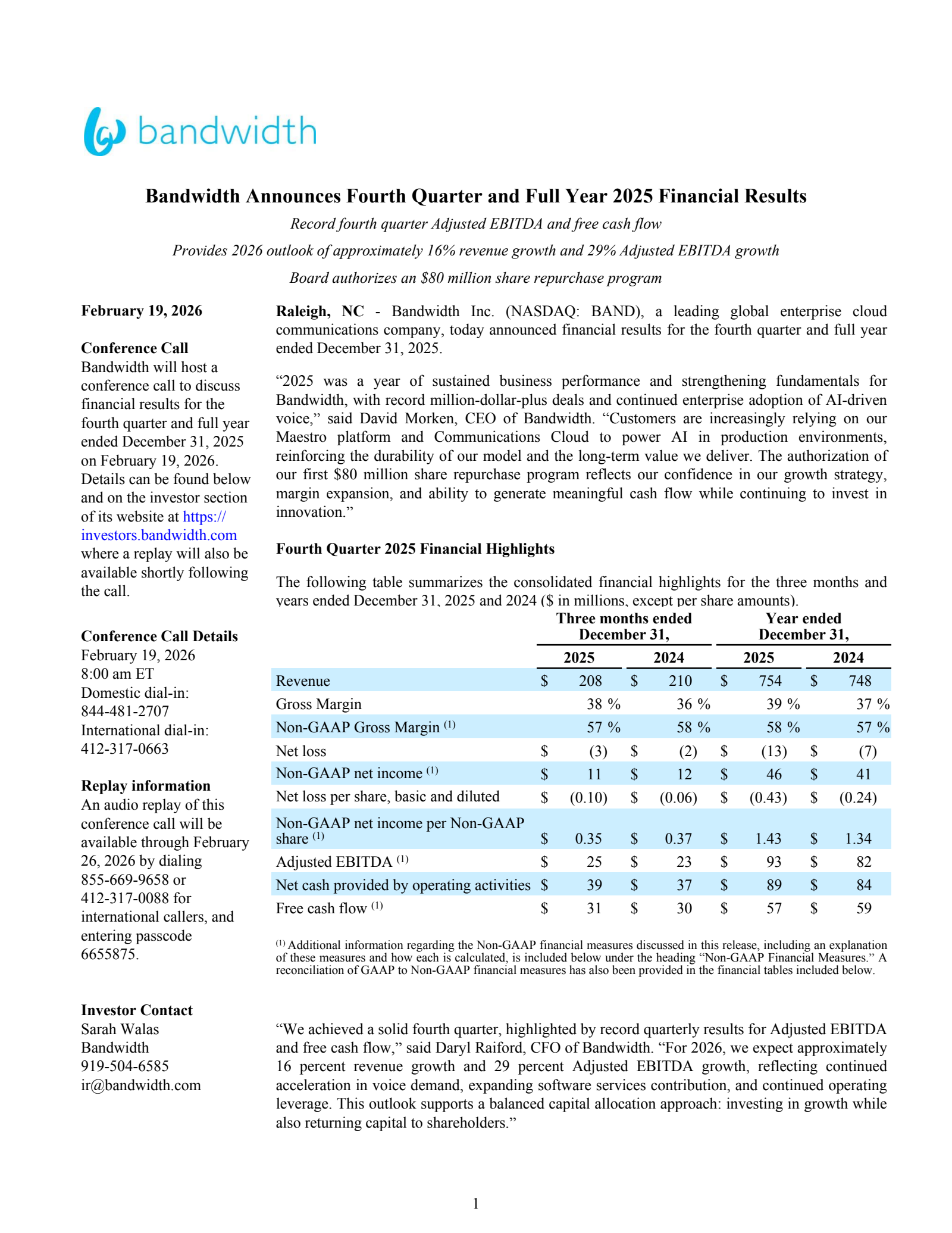 BAND Q4 2025 Earnings Report on 2/19/2026
