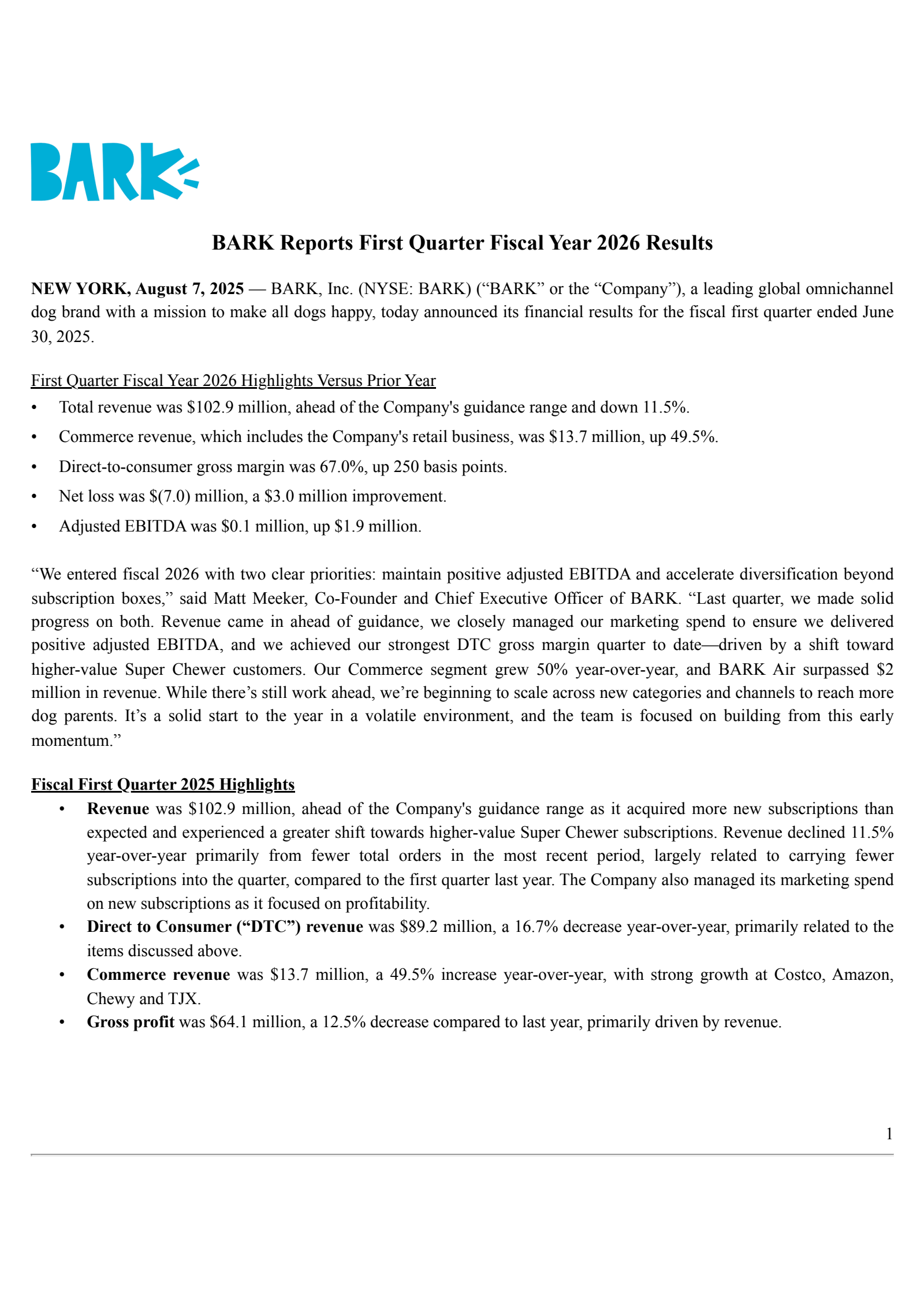 BARK Q1 2026 Earnings Report on 8/7/2025