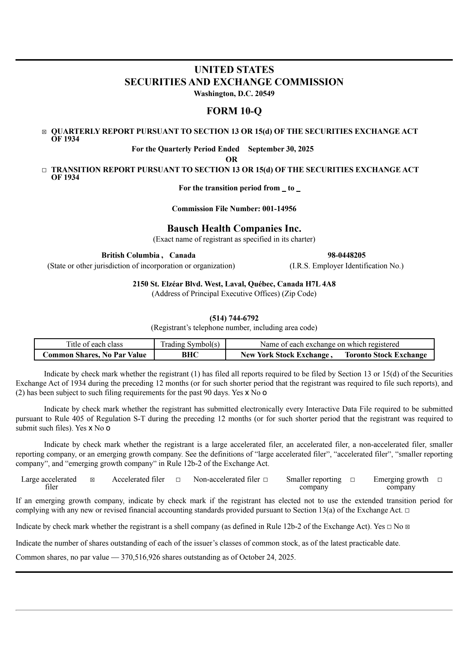 BHC Q3 2025 Earnings Report on 10/29/2025
