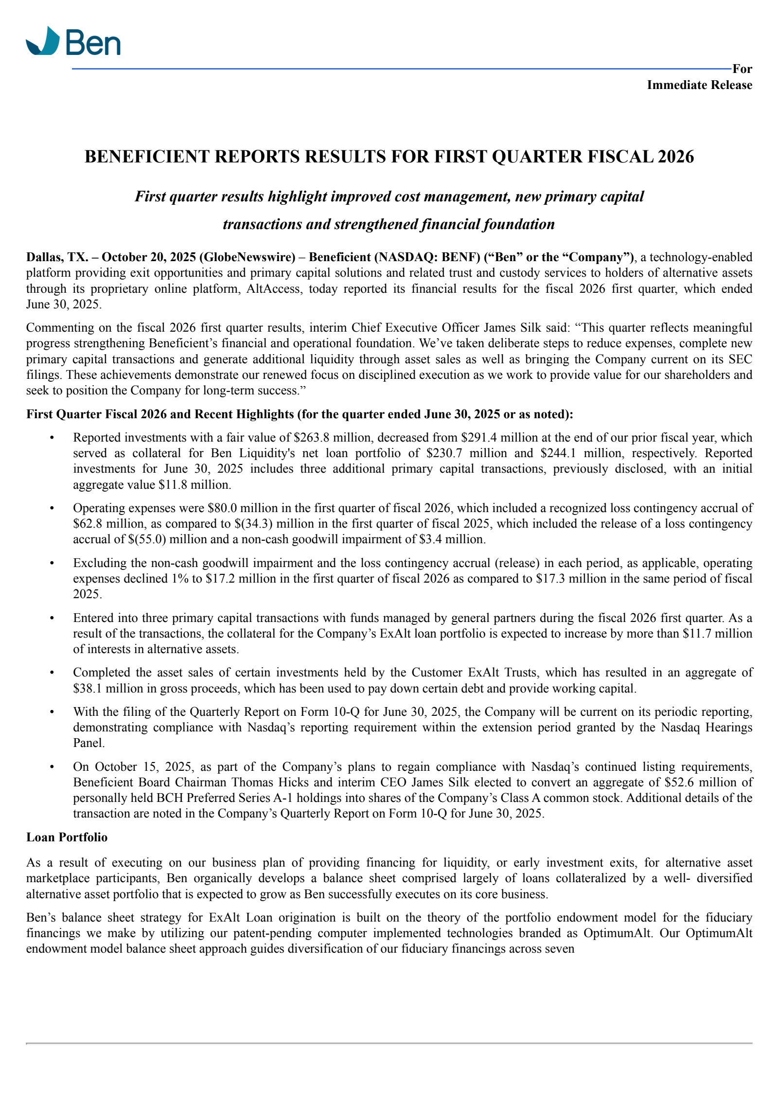 BENF Q1 2026 Earnings Report on 11/14/2025
