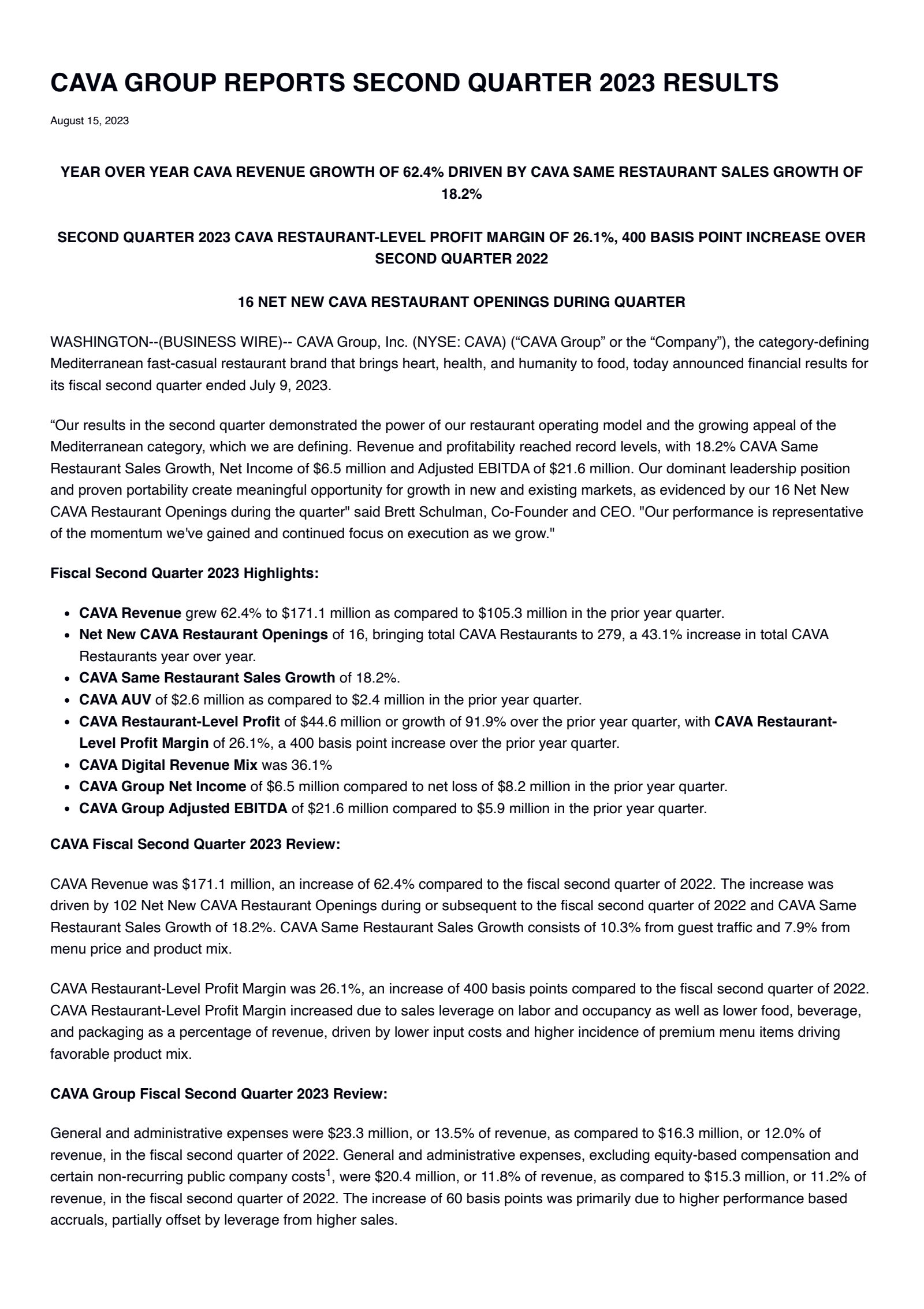CAVA Q2 2023 Earnings Report on 8/15/2023