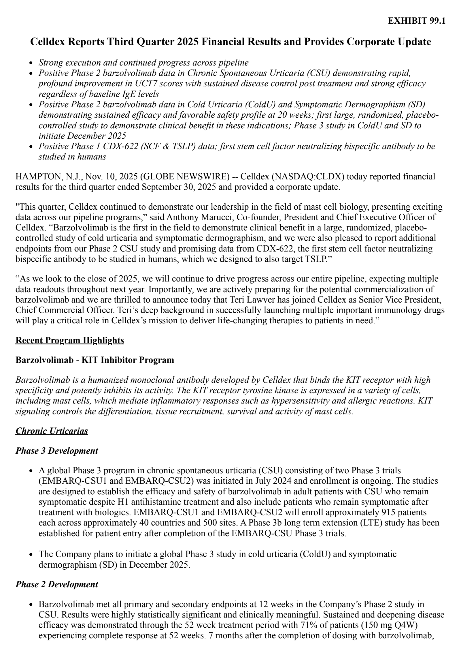 CLDX Q3 2025 Earnings Report on 11/10/2025