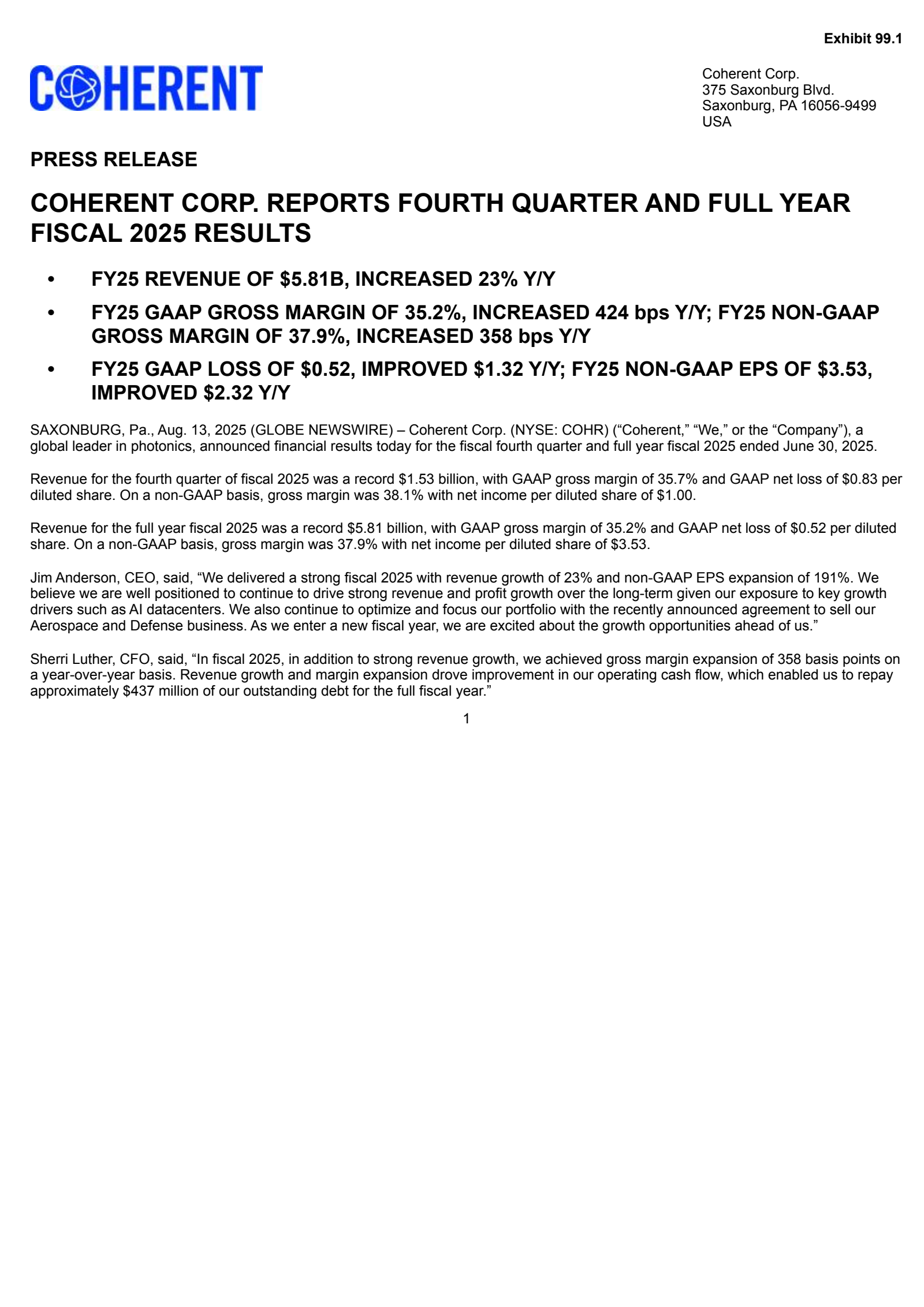 COHR Q4 2025 Earnings Report on 8/13/2025