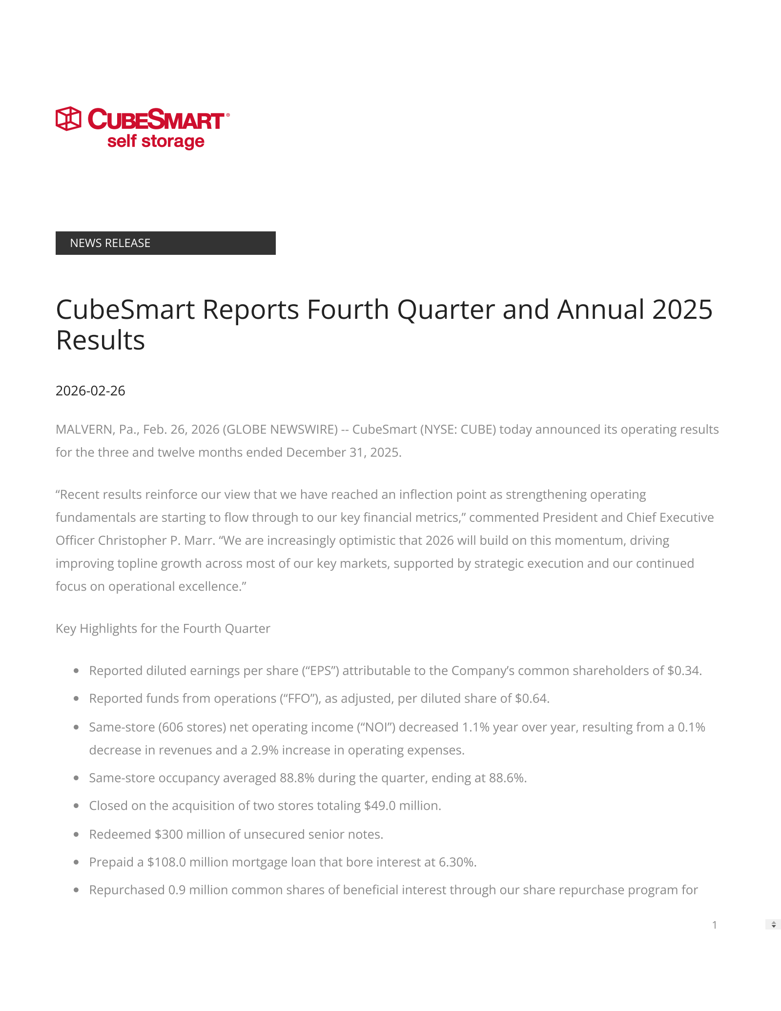 CUBE Q4 2025 Earnings Report on 2/26/2026