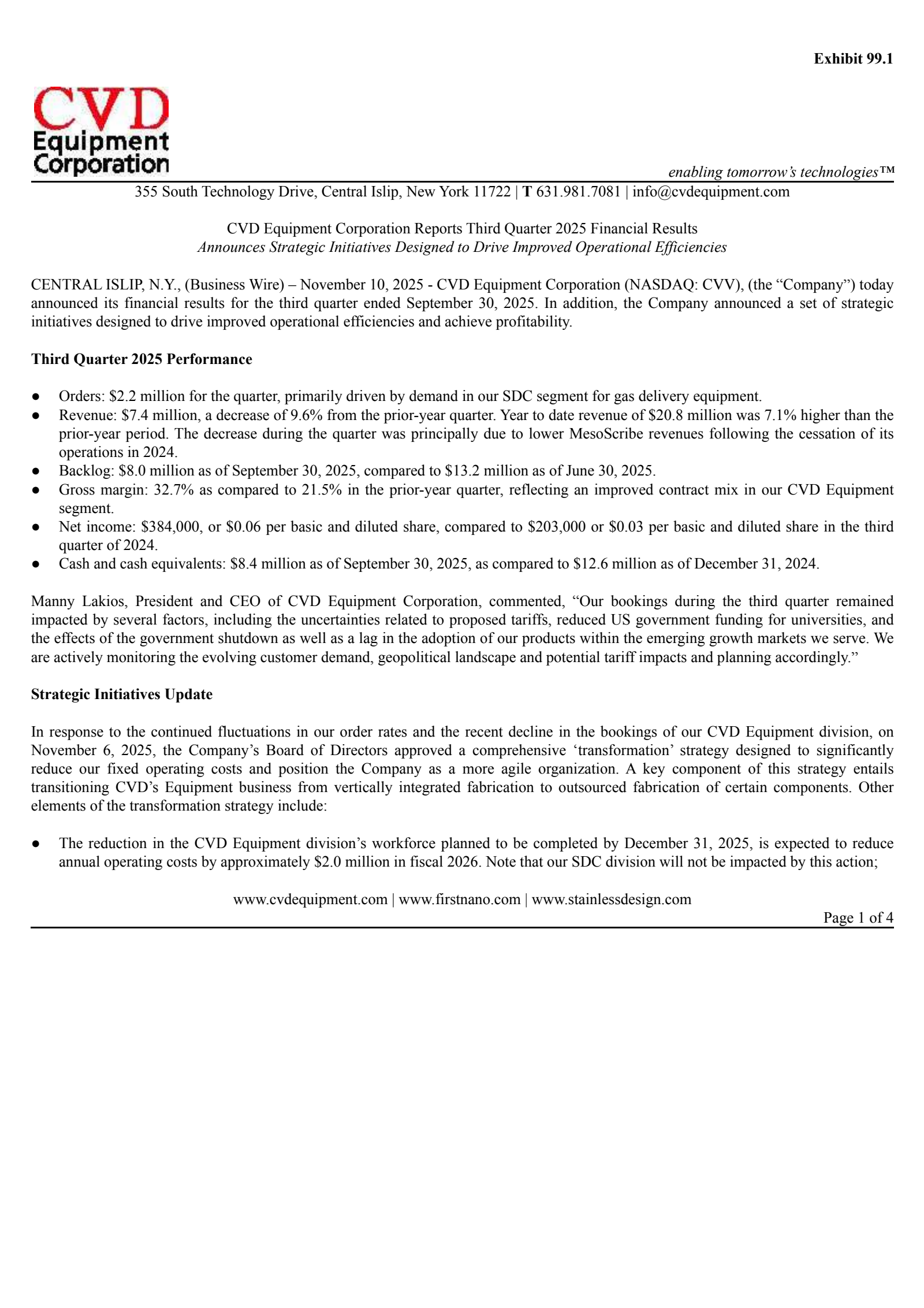 CVV Q3 2025 Earnings Report on 11/10/2025