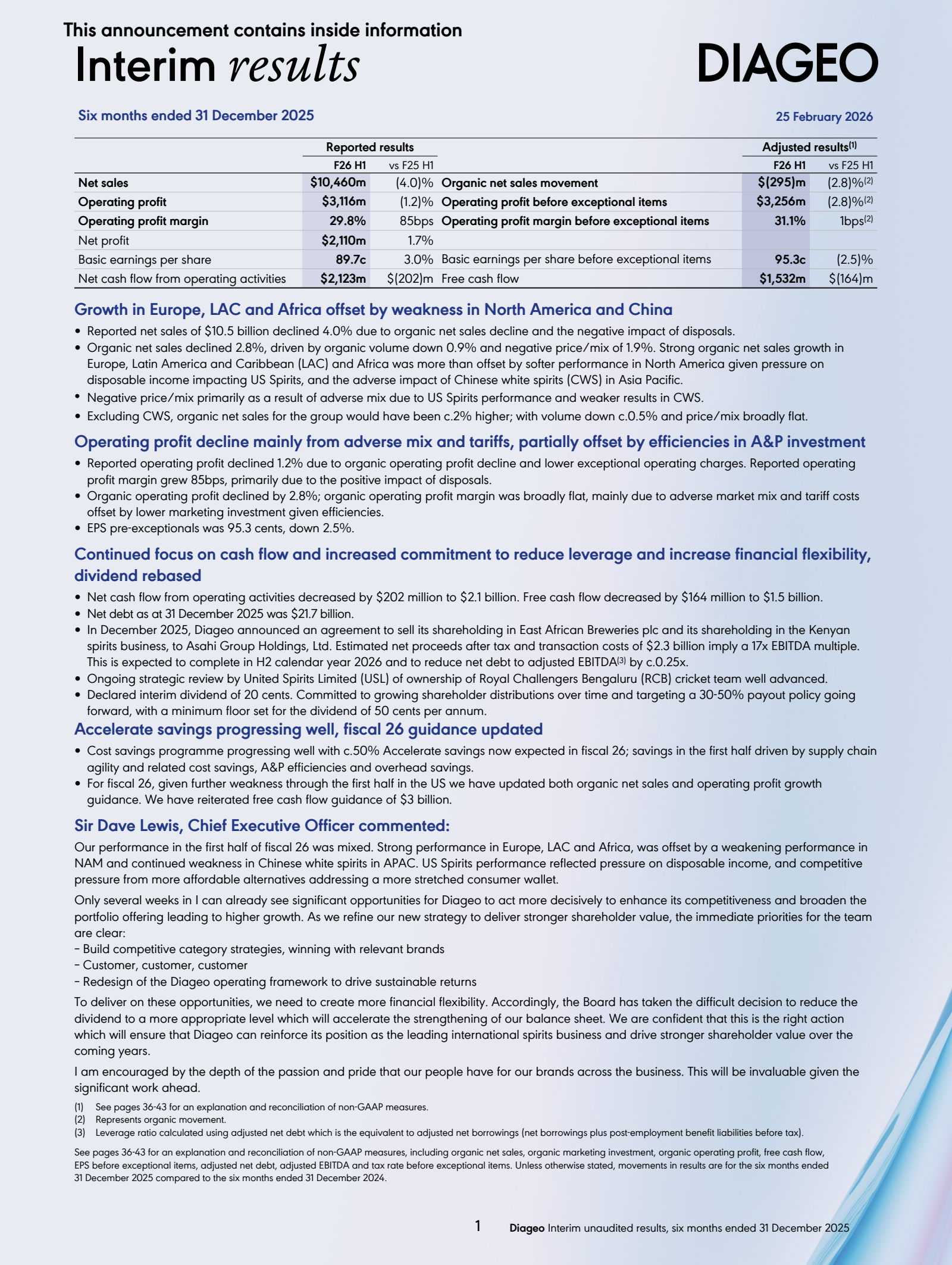 DEO H1 2026 Earnings Report on 2/25/2026