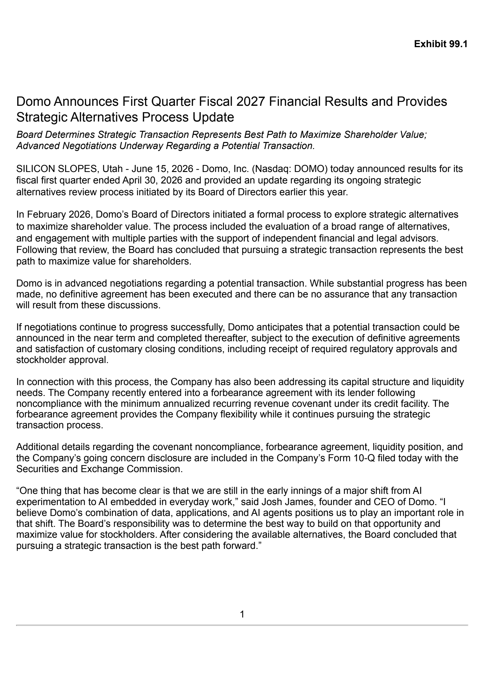 DOMO Q1 2027 Earnings Report on 6/15/2026