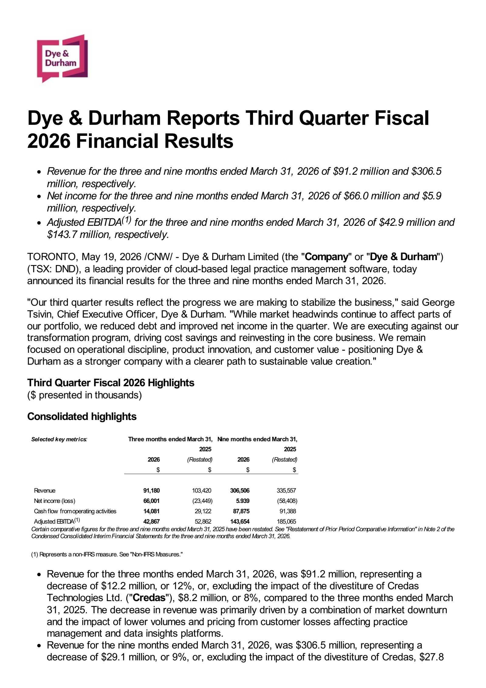 DND Q3 2026 Earnings Report on 5/15/2026