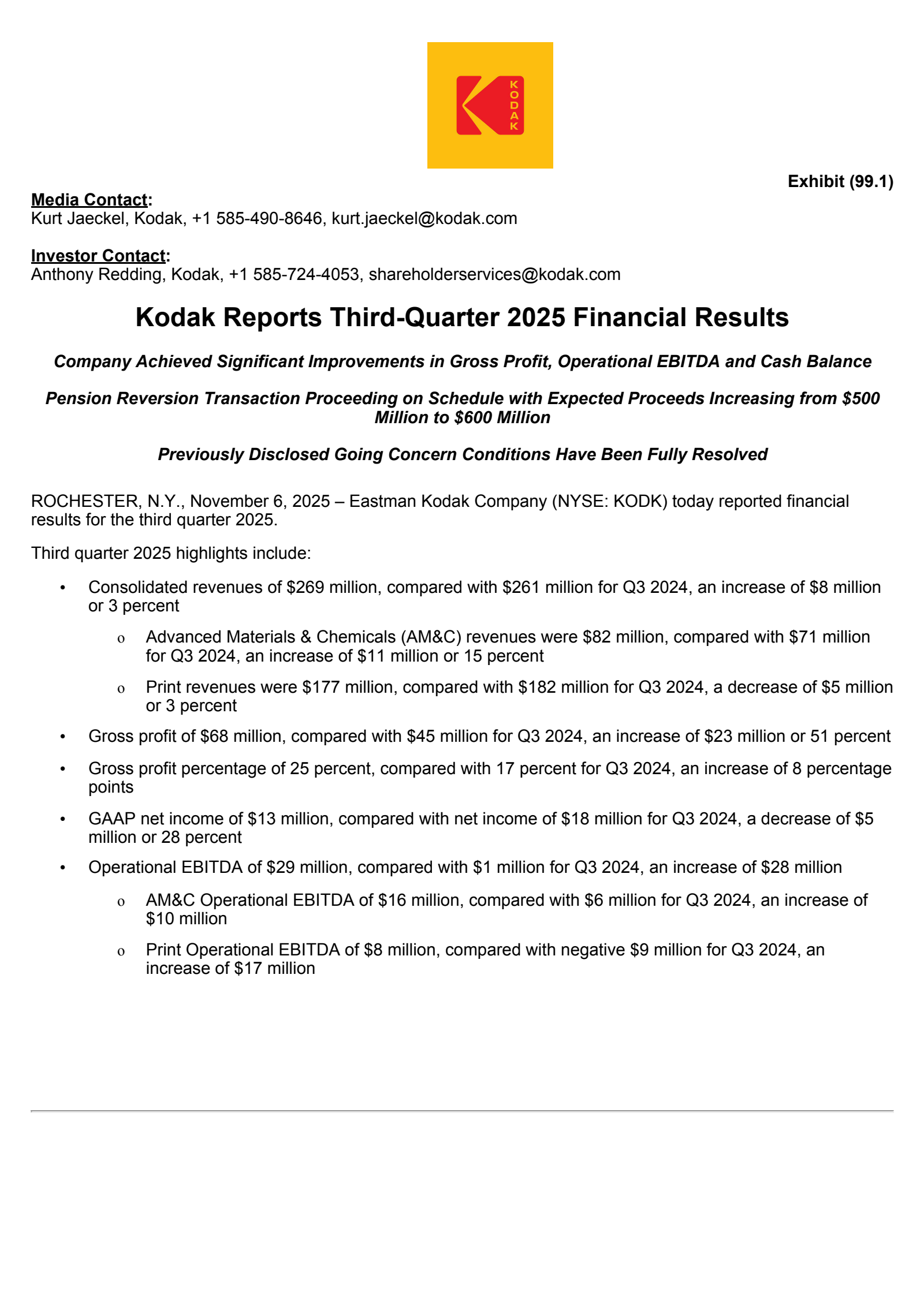 KODK Q3 2025 Earnings Report on 11/6/2025