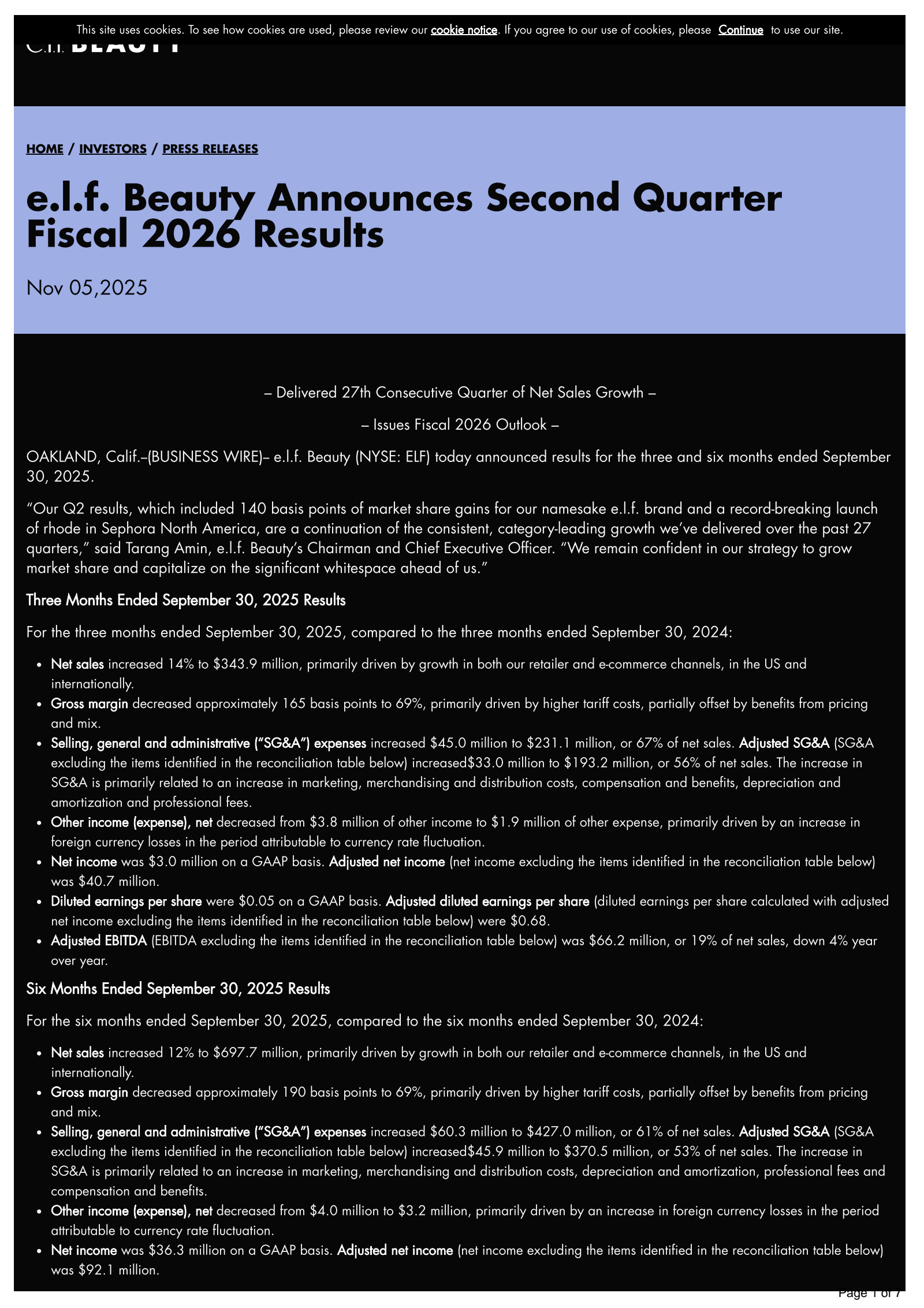 ELF Q2 2026 Earnings Report on 11/5/2025