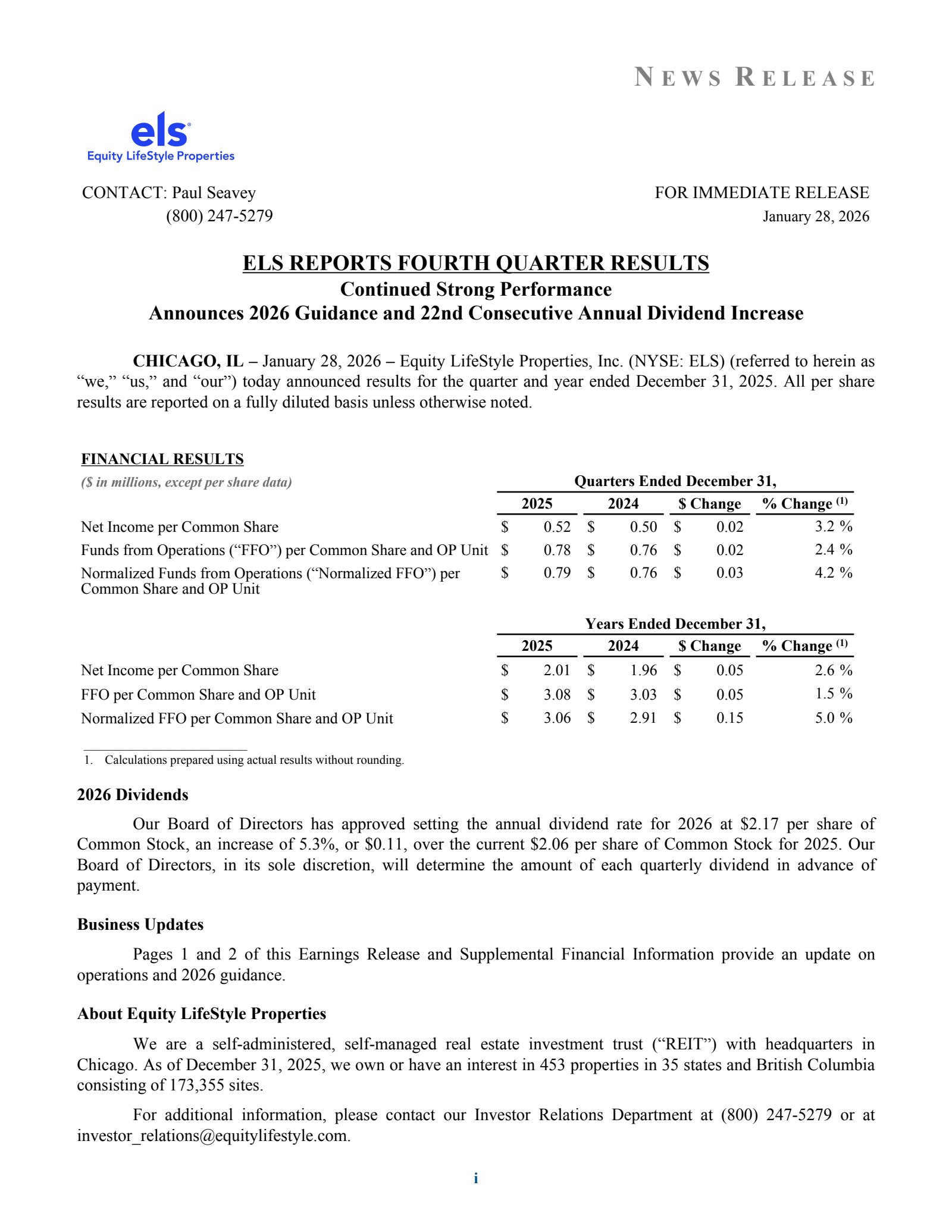 ELS Q4 2025 Earnings Report on 1/29/2026