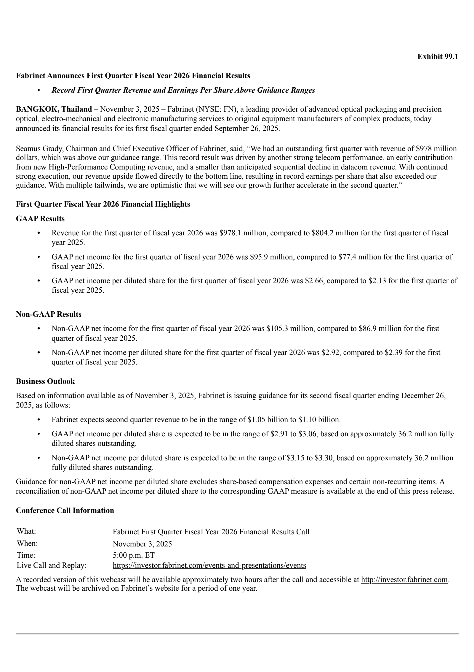 FN Q1 2026 Earnings Report on 11/3/2025