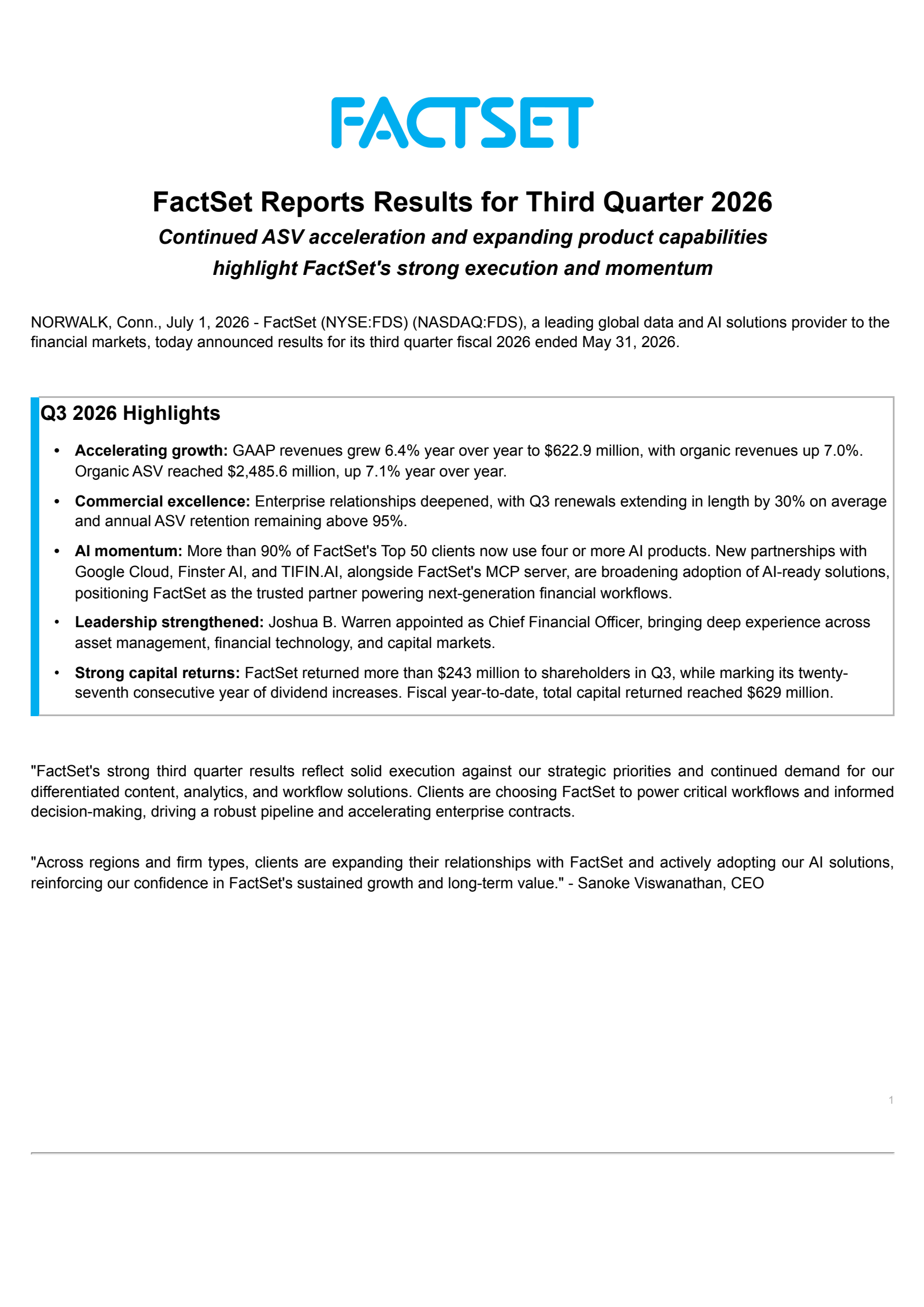 FDS Q3 2026 Earnings Report on 7/1/2026