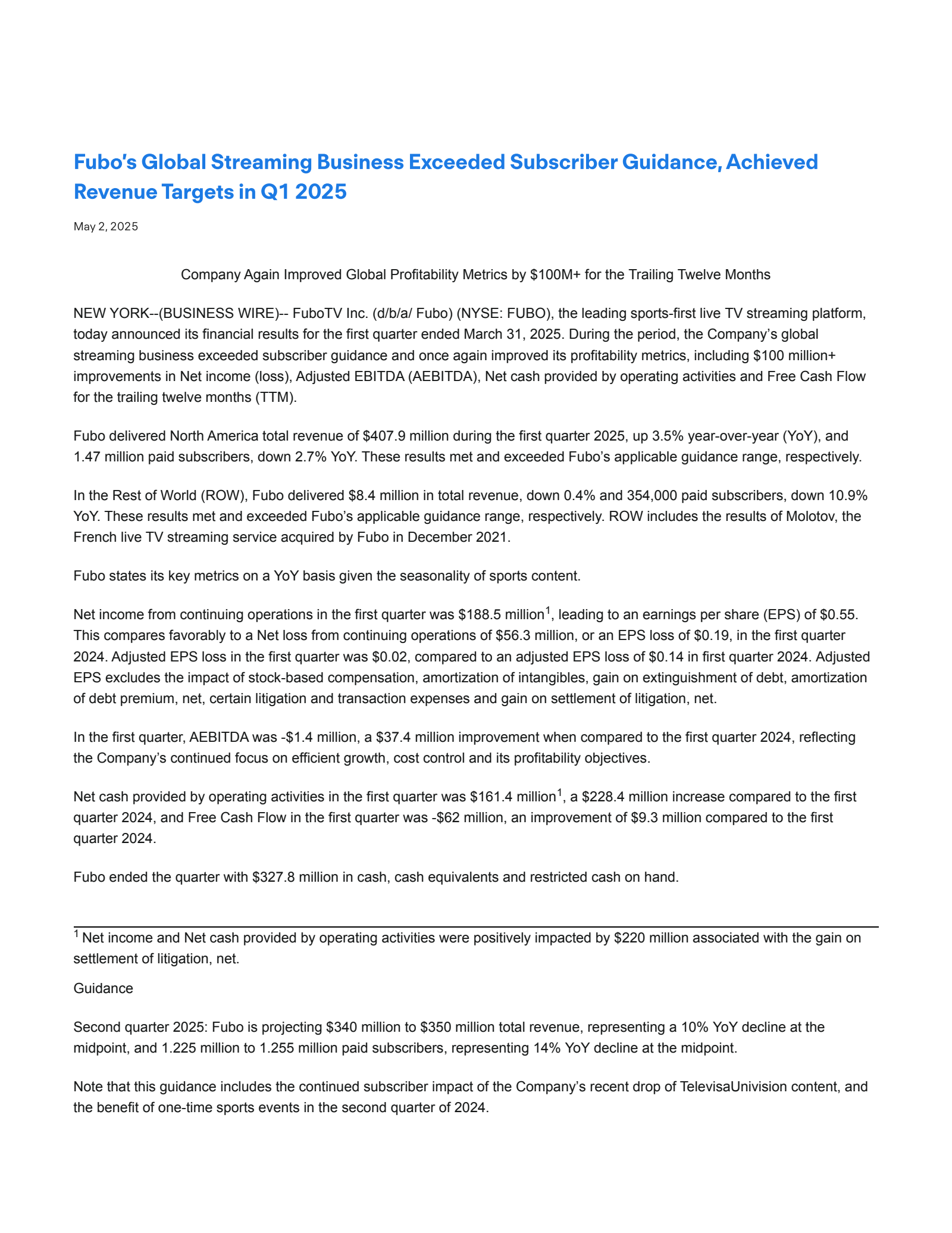 FUBO Q1 2025 Earnings Report on 5/2/2025