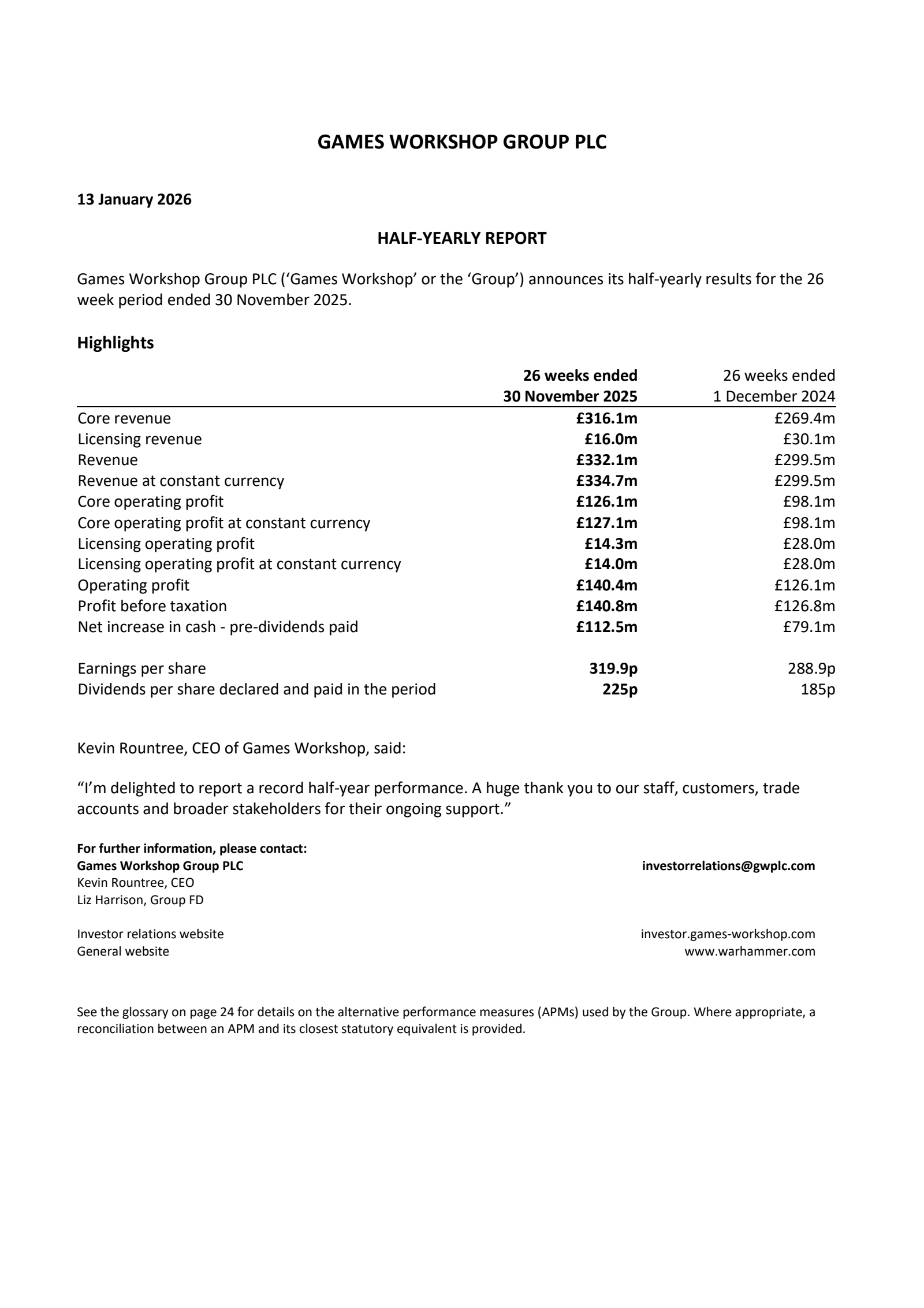GAW H1 2026 Earnings Report on 1/13/2026