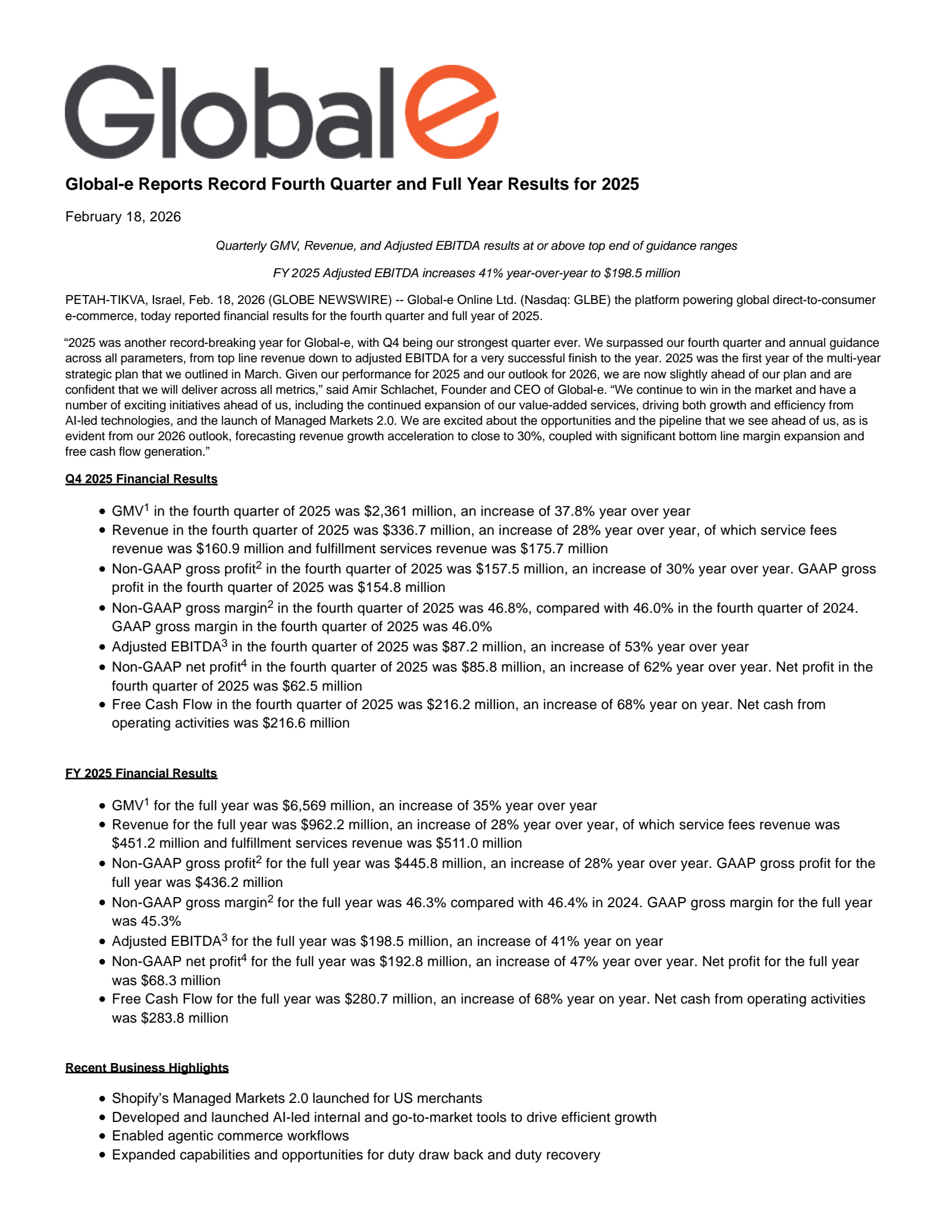 GLBE Q4 2025 Earnings Report on 2/18/2026