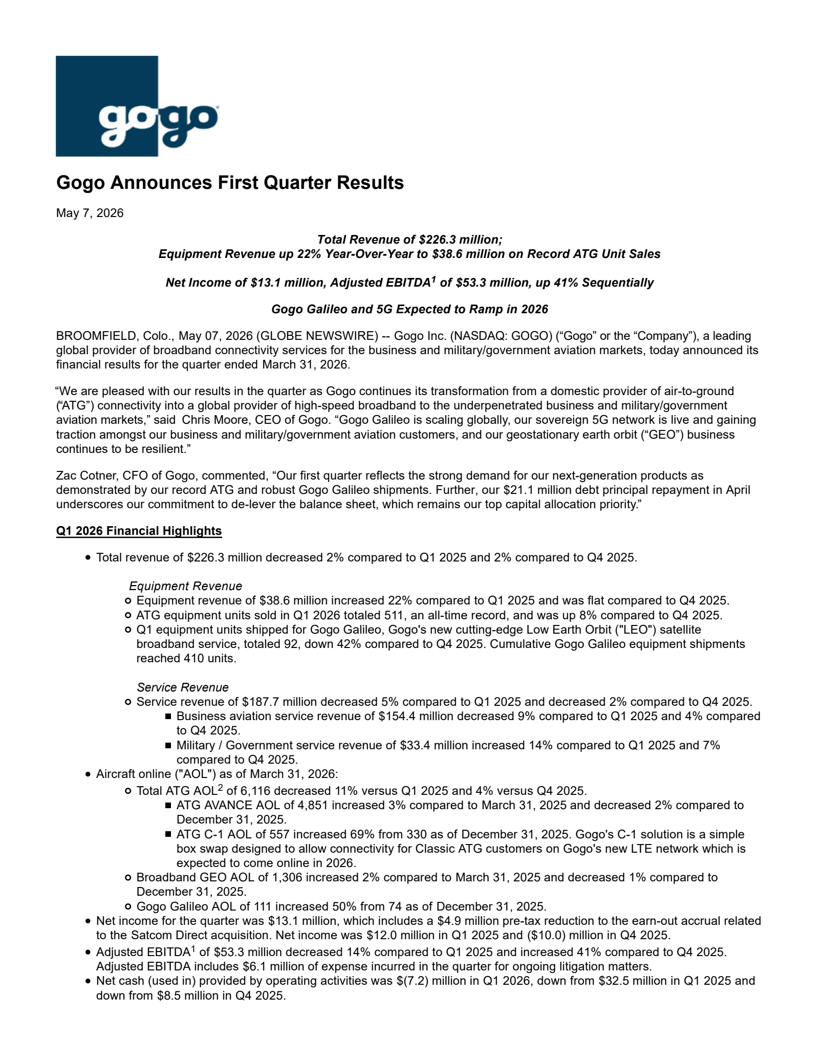 GOGO Q1 2026 Earnings Report on 5/7/2026