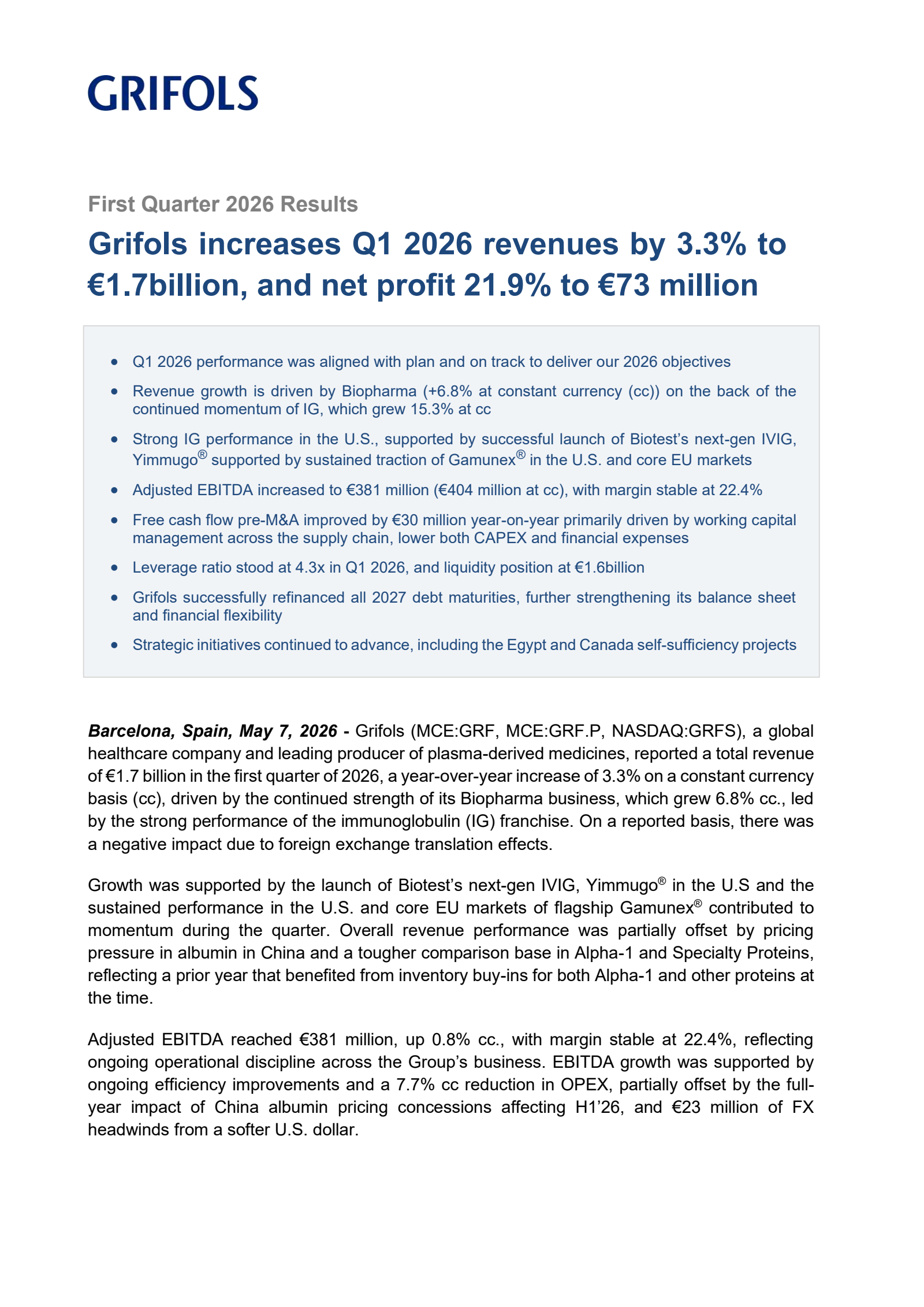 GRFS Q1 2026 Earnings Report on 5/7/2026