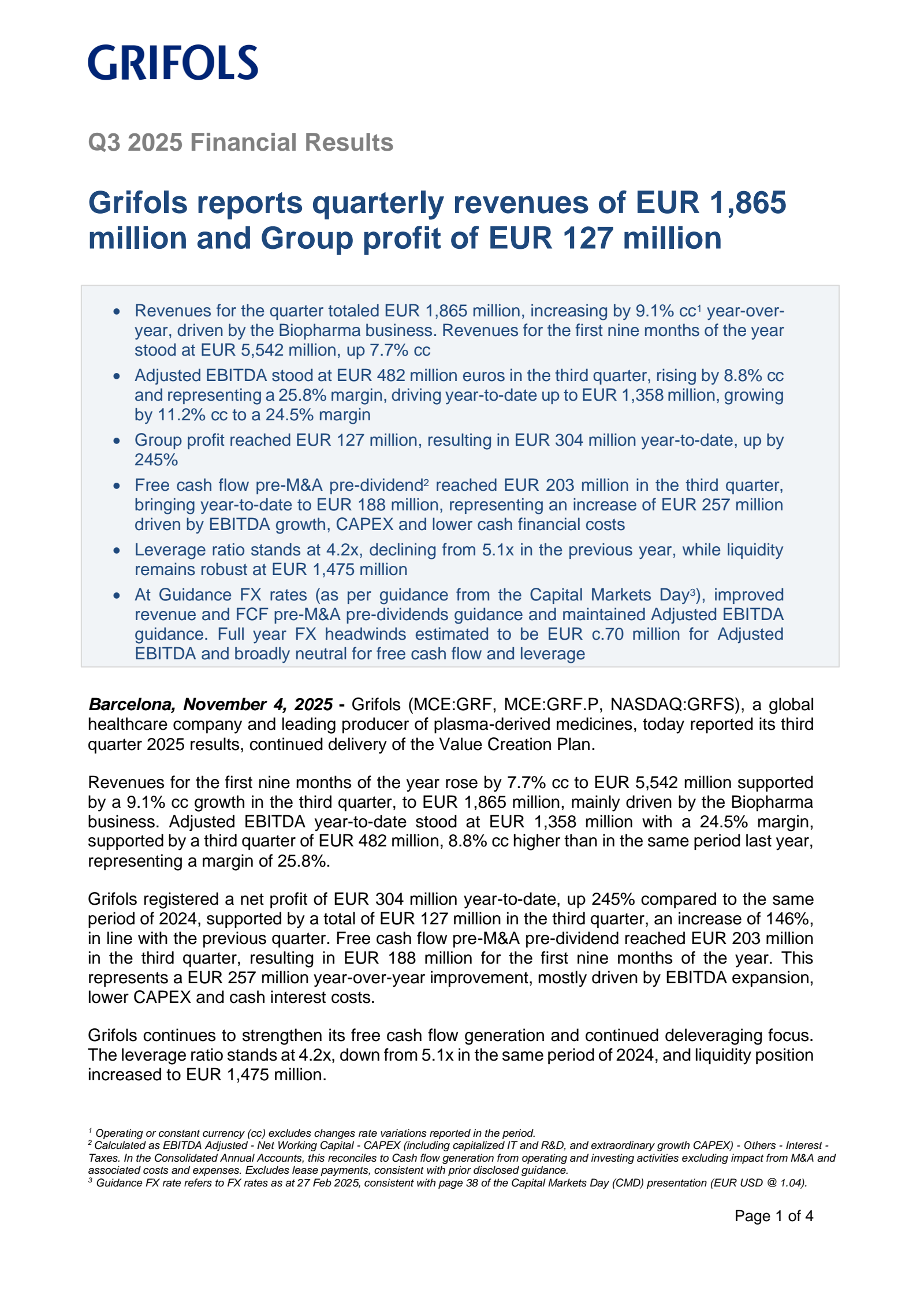 GRFS Q3 2025 Earnings Report on 11/4/2025