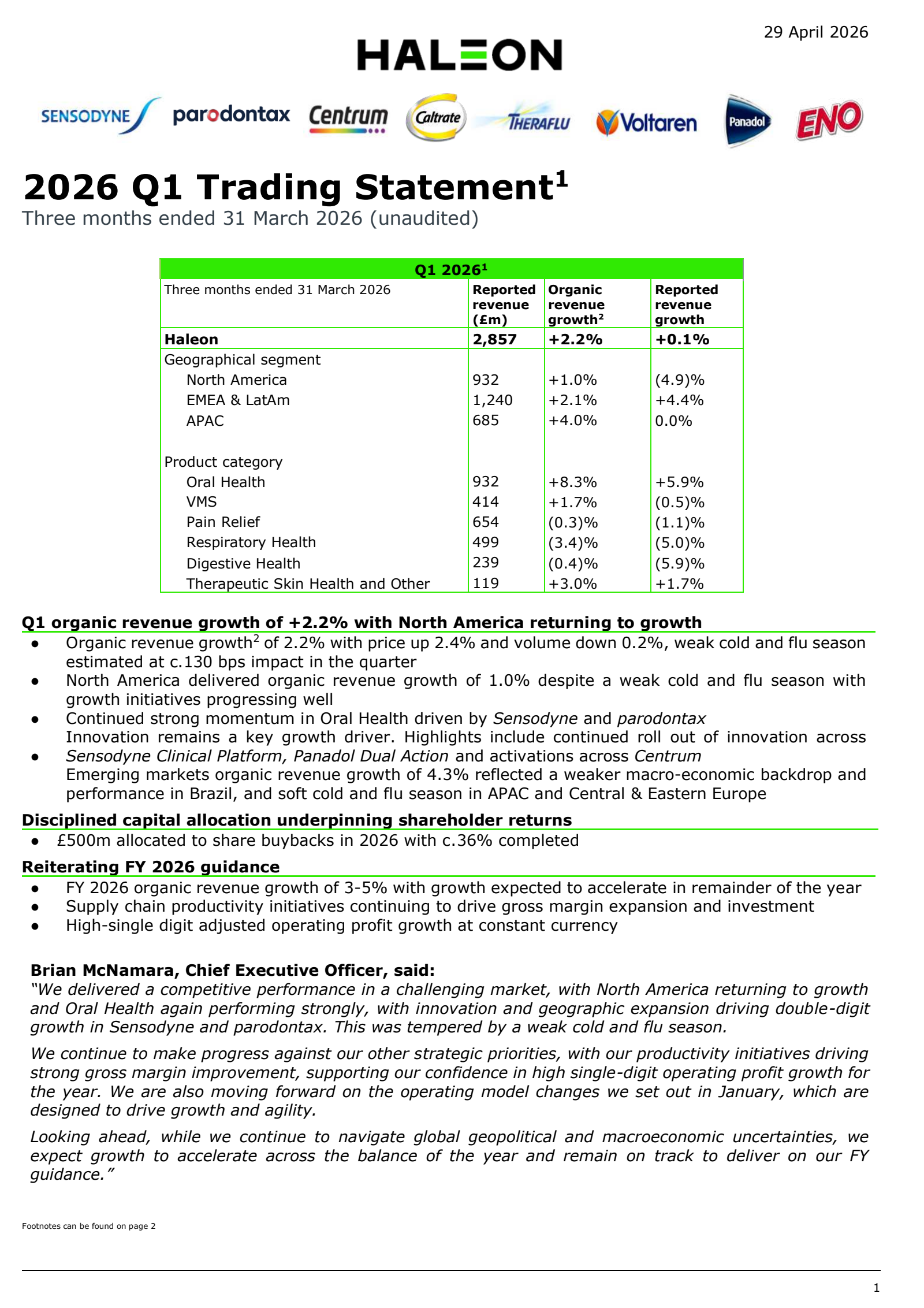 HLN Q1 2026 TU Earnings Report on 4/29/2026