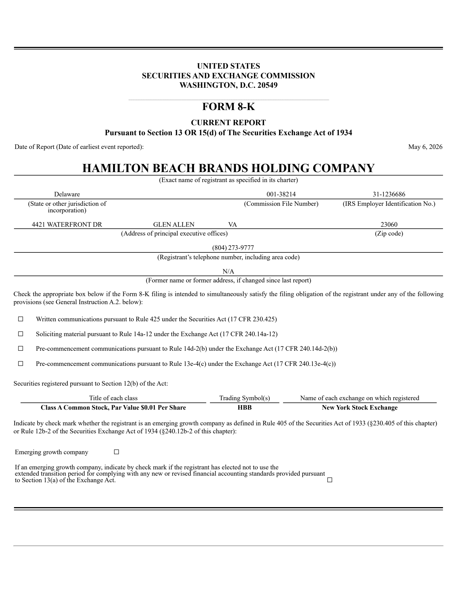HBB Q1 2026 Earnings Report on 5/6/2026