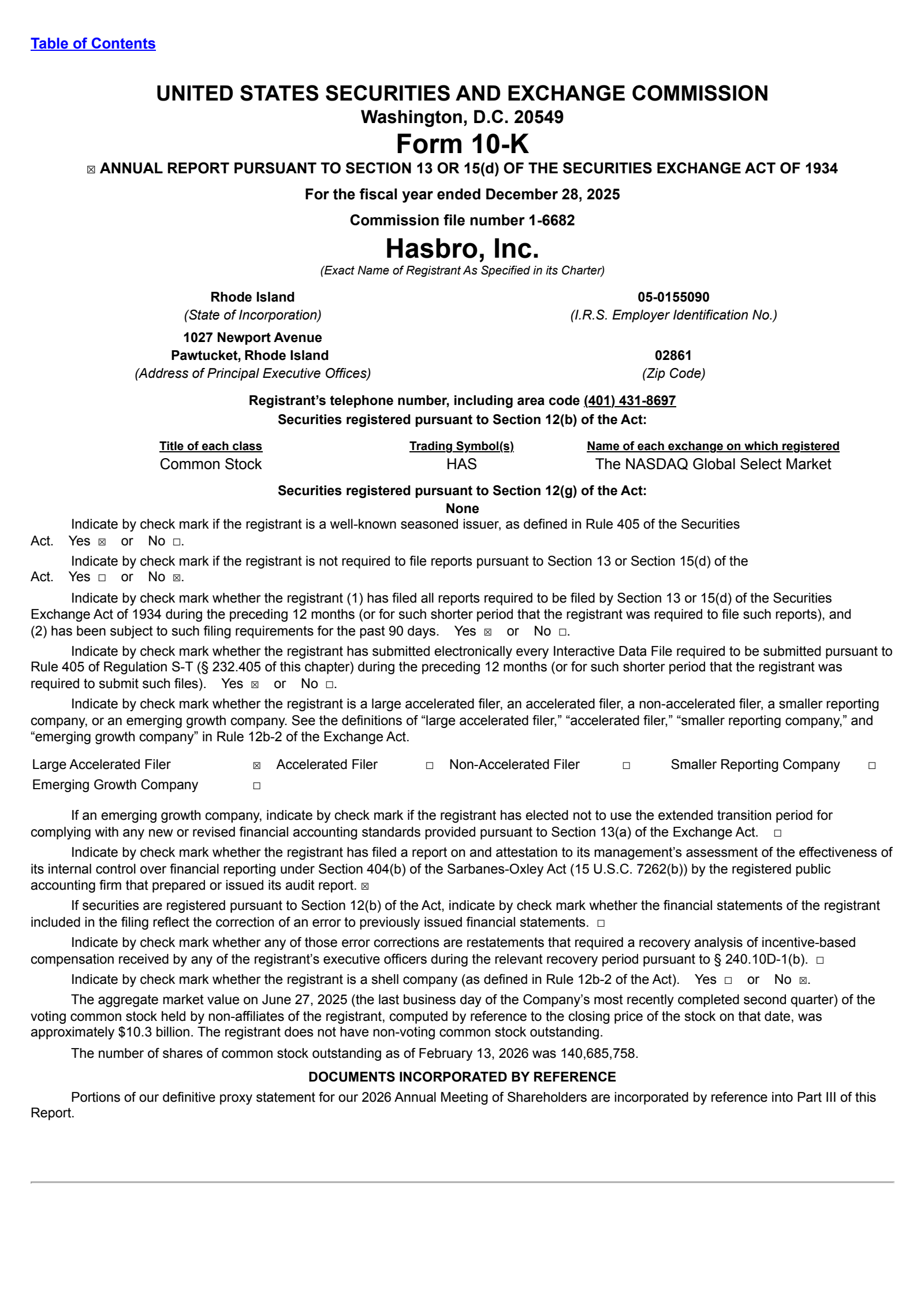 HAS Q4 2025 Earnings Report on 2/10/2026