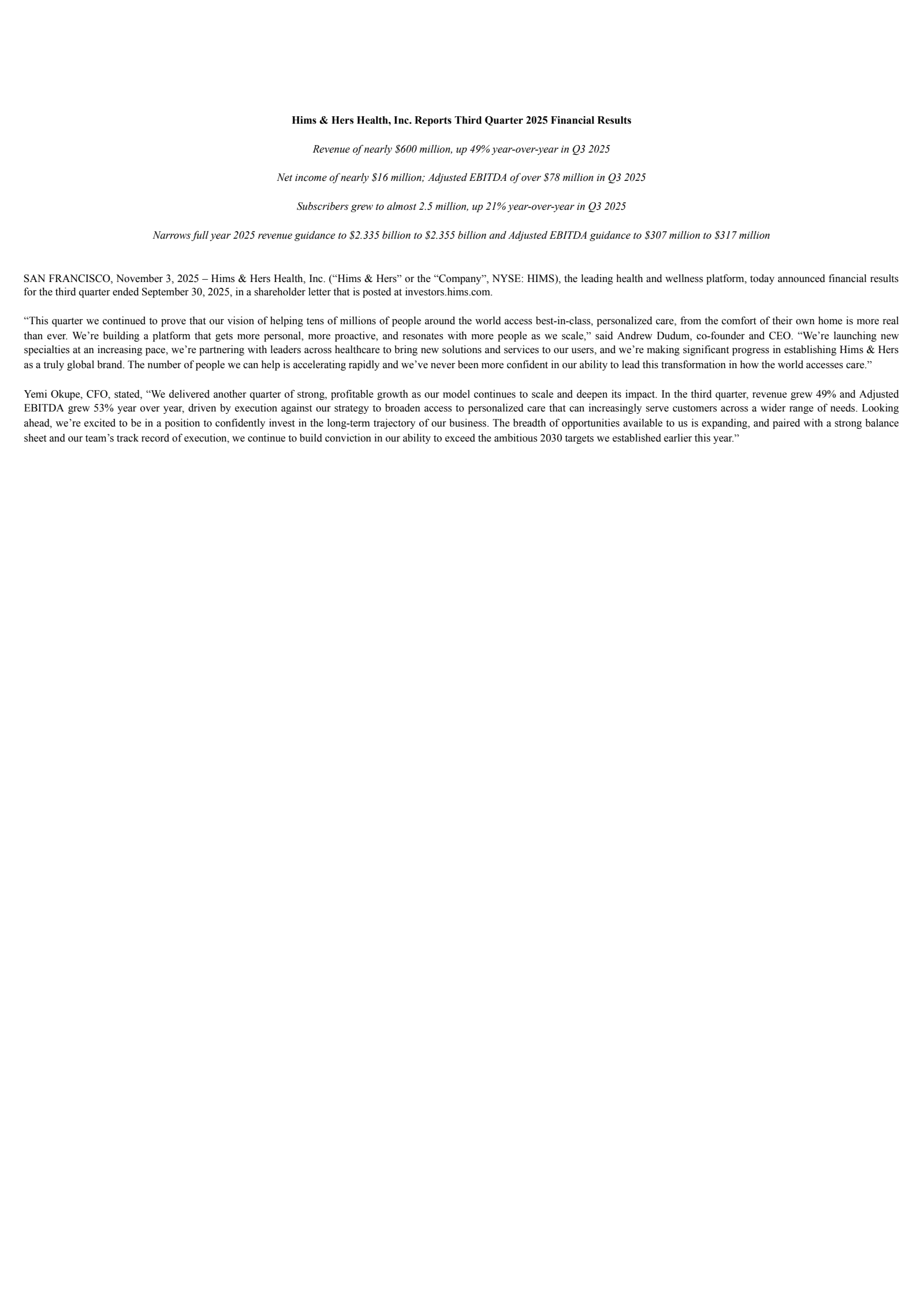 HIMS Q3 2025 Earnings Report on 11/3/2025