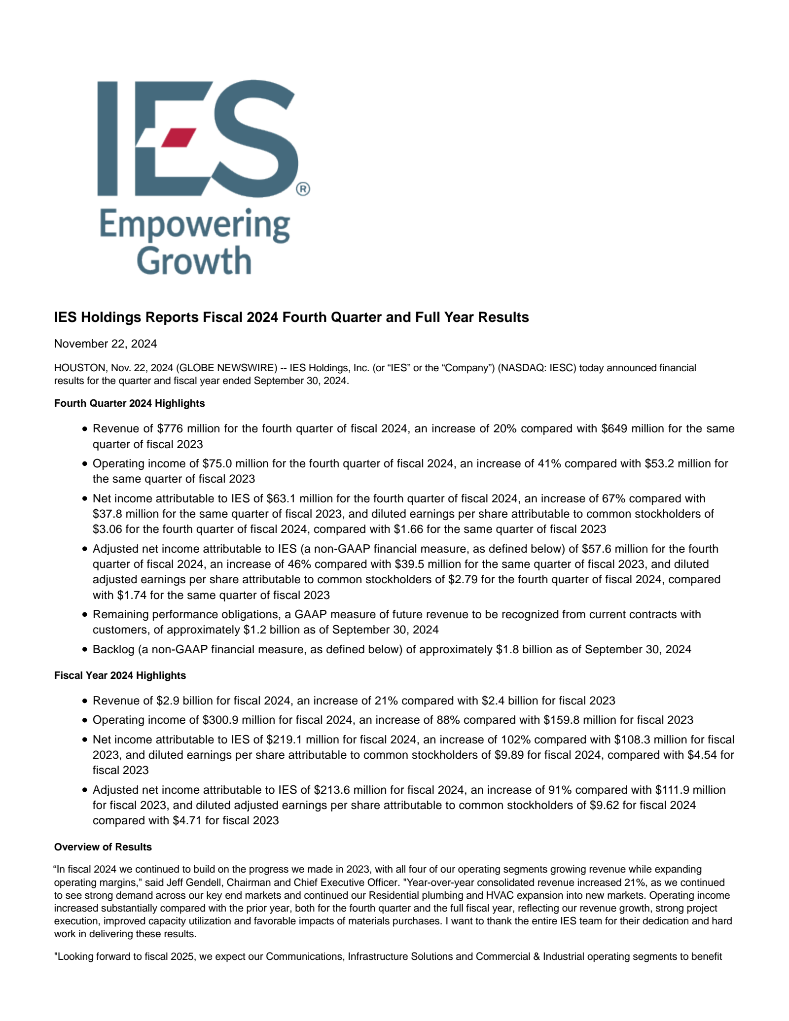 IESC Q4 2024 Earnings Report on 11/22/2024
