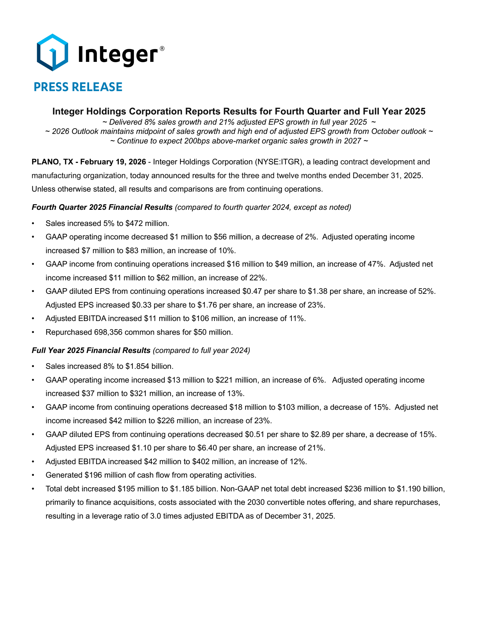 ITGR Q4 2025 Earnings Report on 2/19/2026