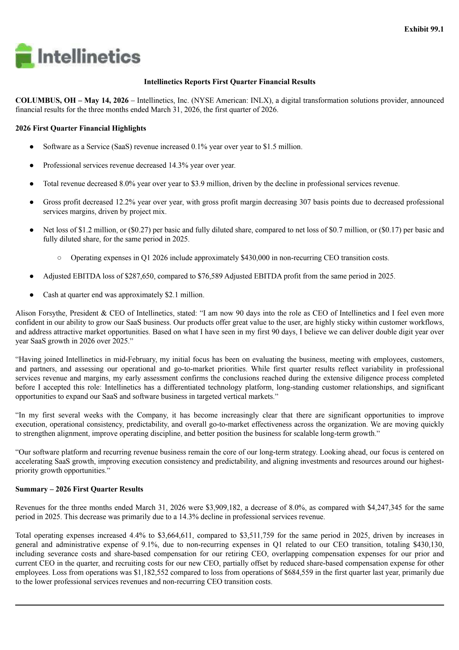 INLX Q1 2026 Earnings Report on 5/14/2026