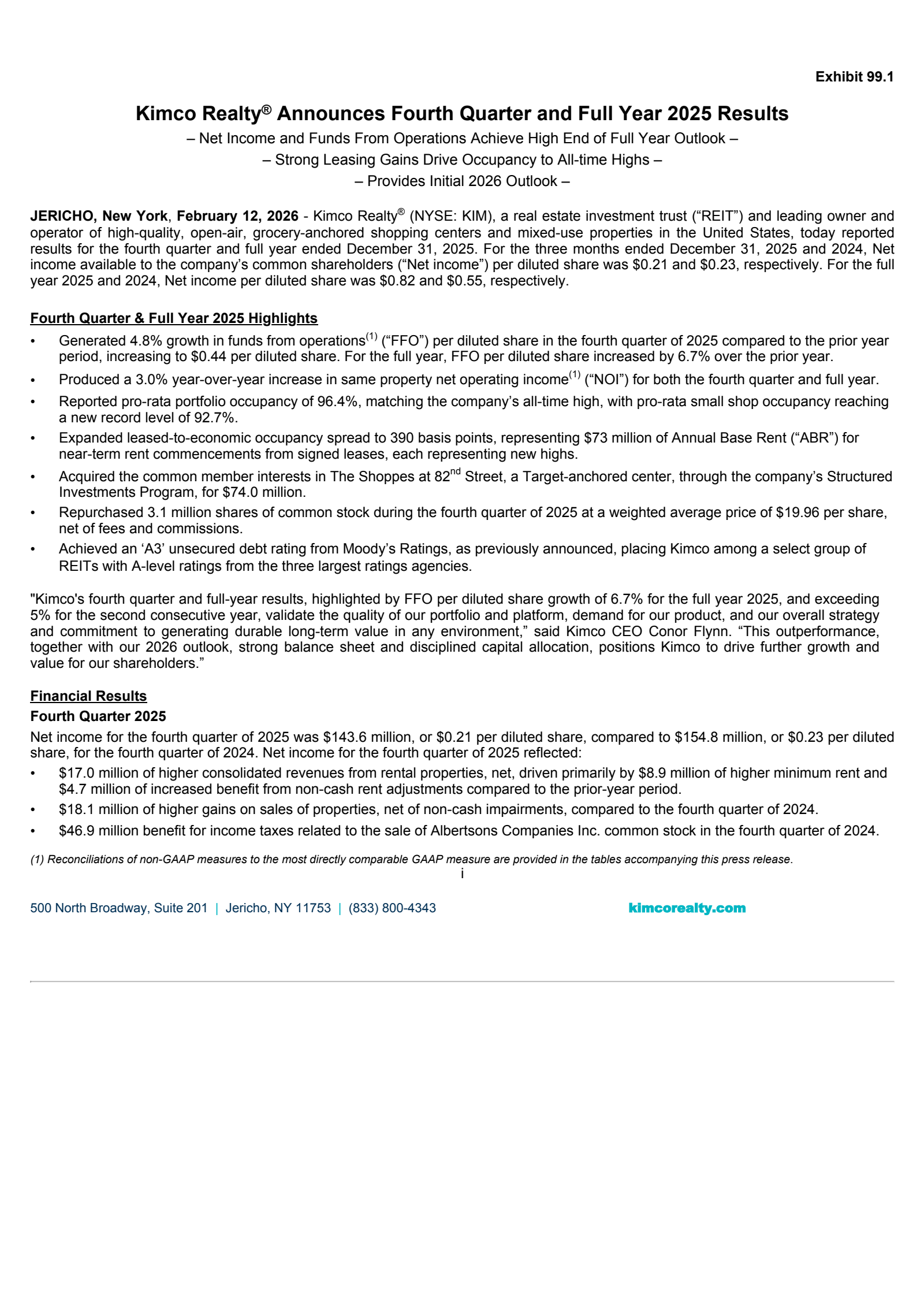 KIM Q4 2025 Earnings Report on 2/12/2026