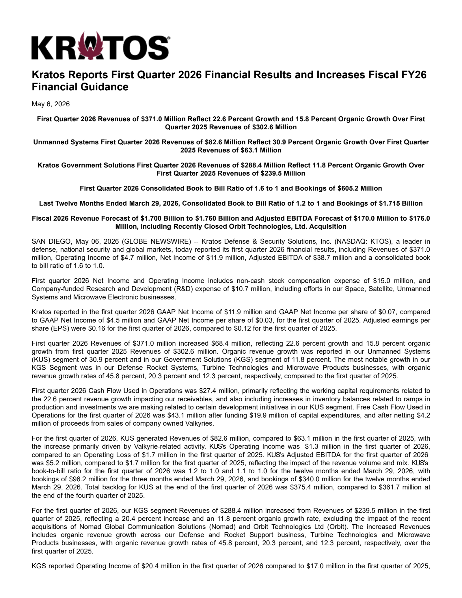 KTOS Q1 2026 Earnings Report on 5/6/2026