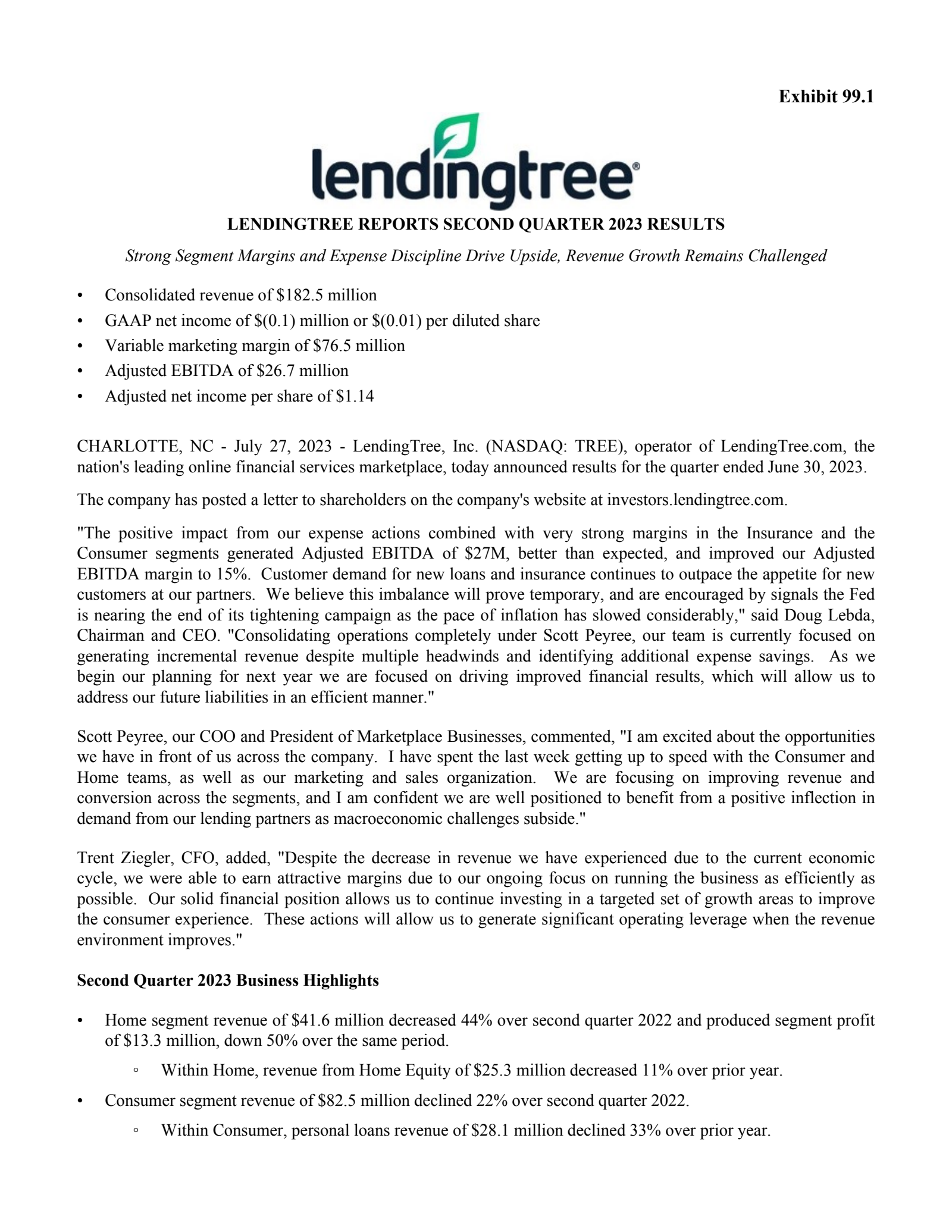 TREE Q2 2023 Earnings Report on 7/27/2023
