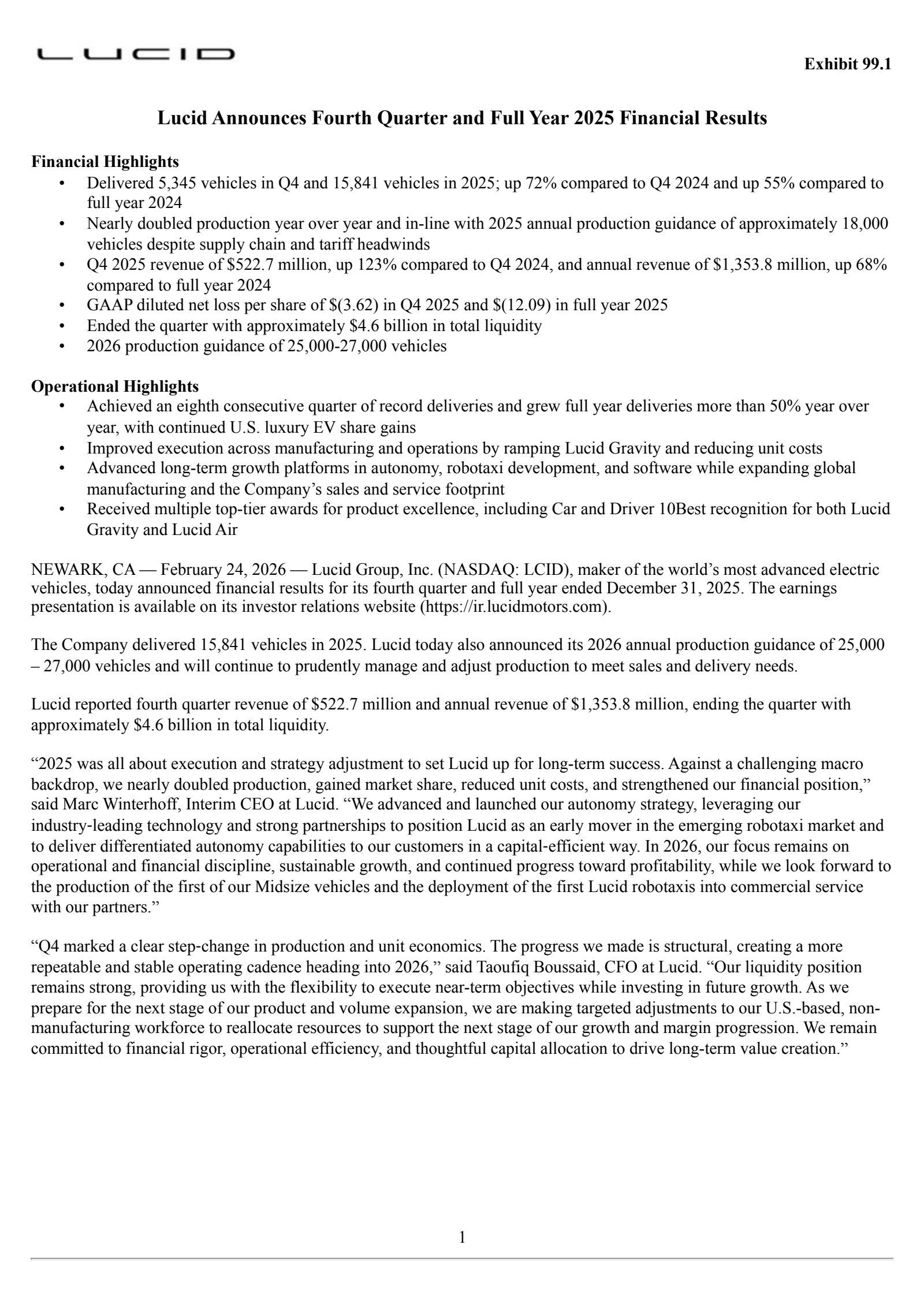 LCID Q4 2025 Earnings Report on 2/24/2026