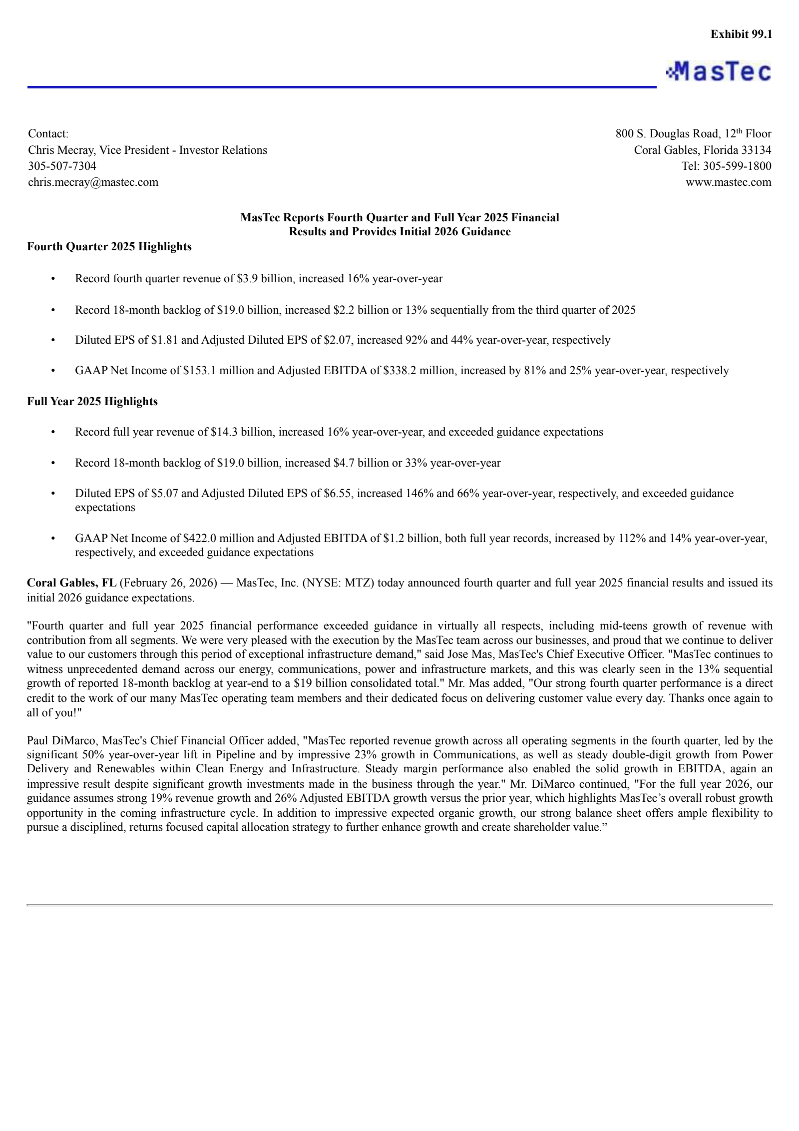 MTZ Q4 2025 Earnings Report on 2/26/2026