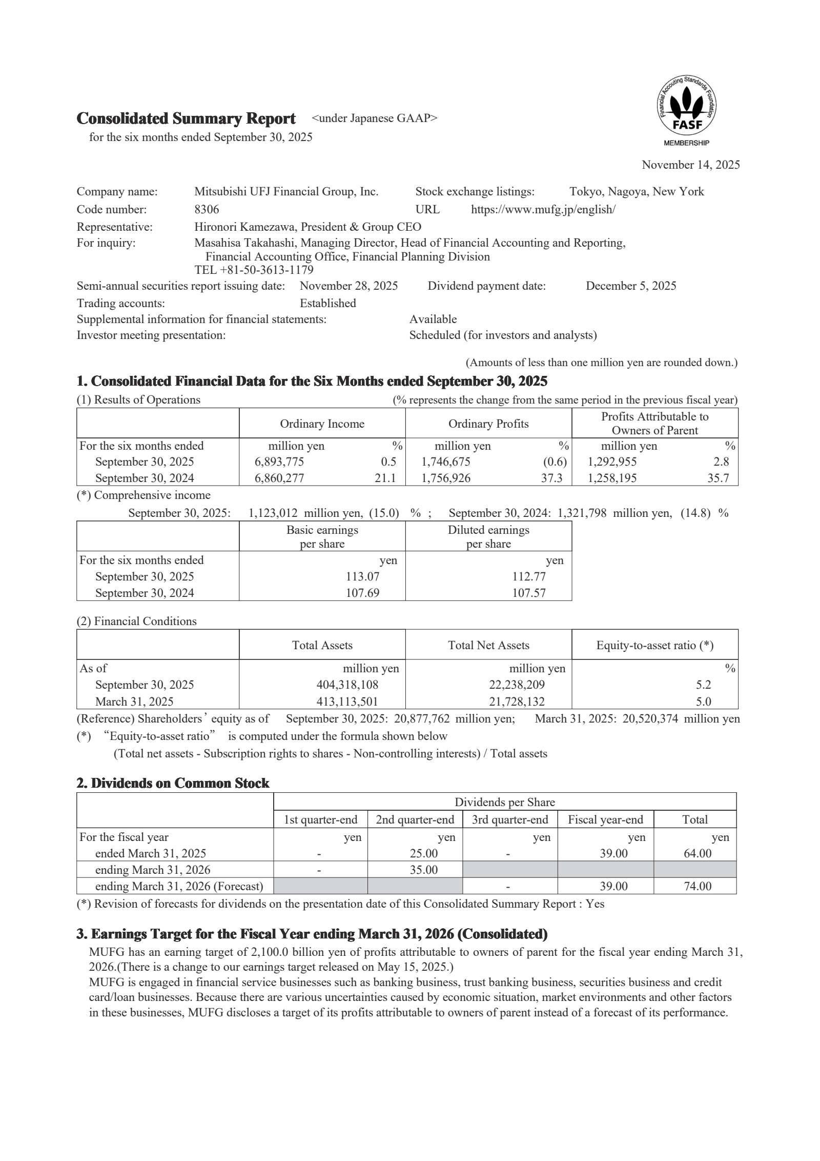 MUFG Q2 2026 Earnings Report on 11/14/2025