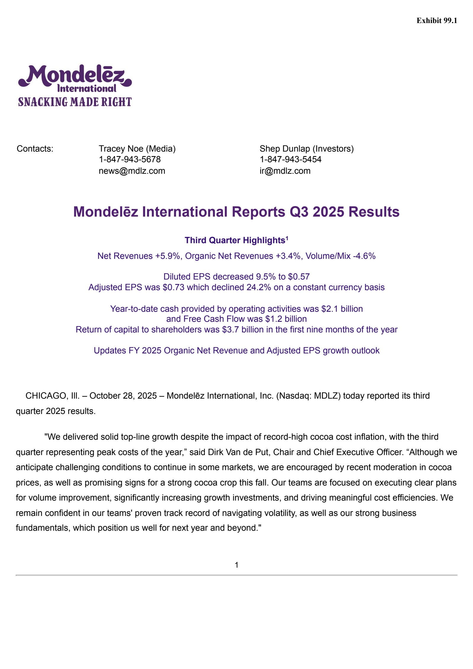 MDLZ Q3 2025 Earnings Report on 10/28/2025