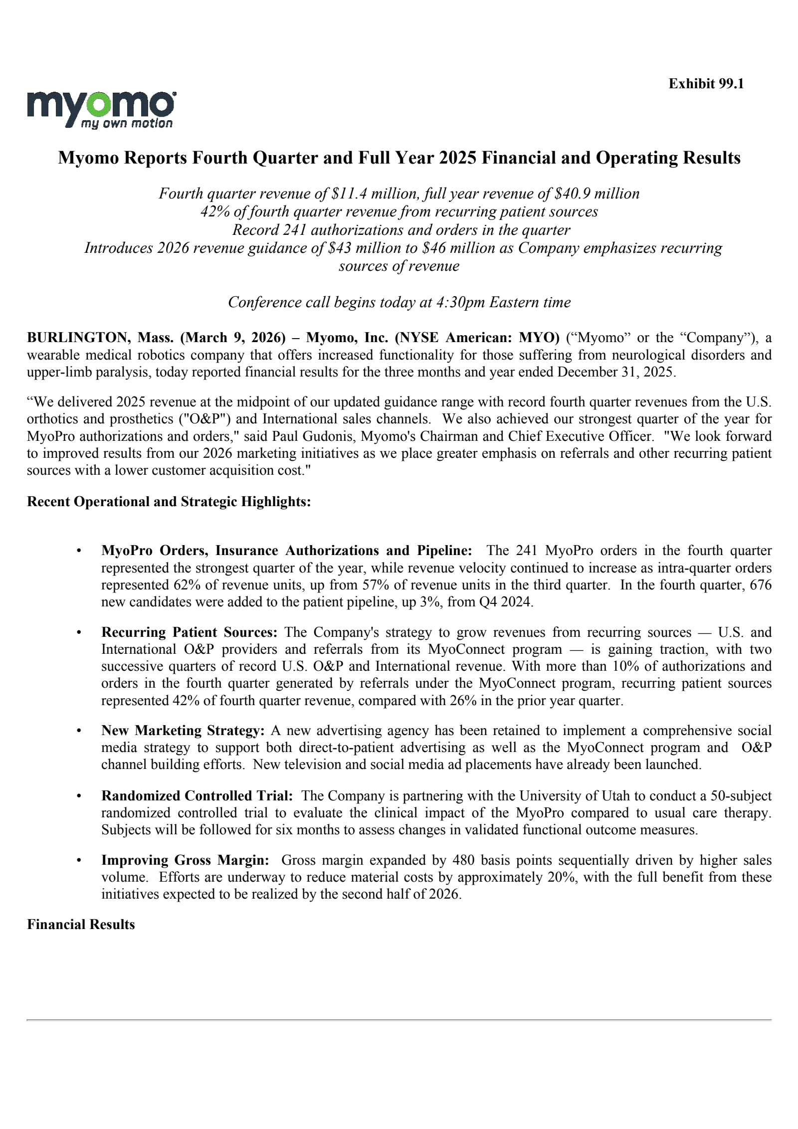 MYO Q4 2025 Earnings Report on 3/9/2026